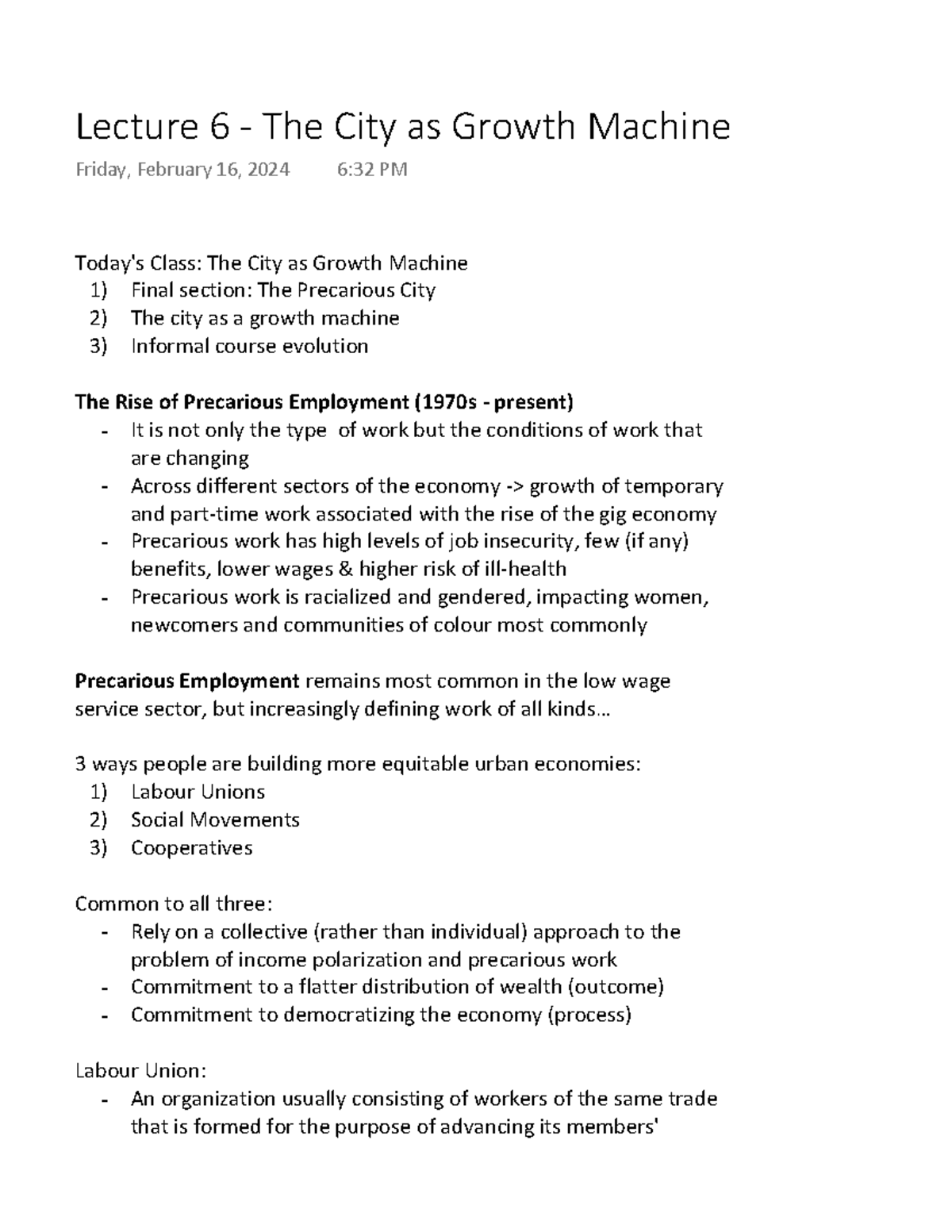 Lecture 6 - The City as Growth Machine - Today's Class: The City as ...