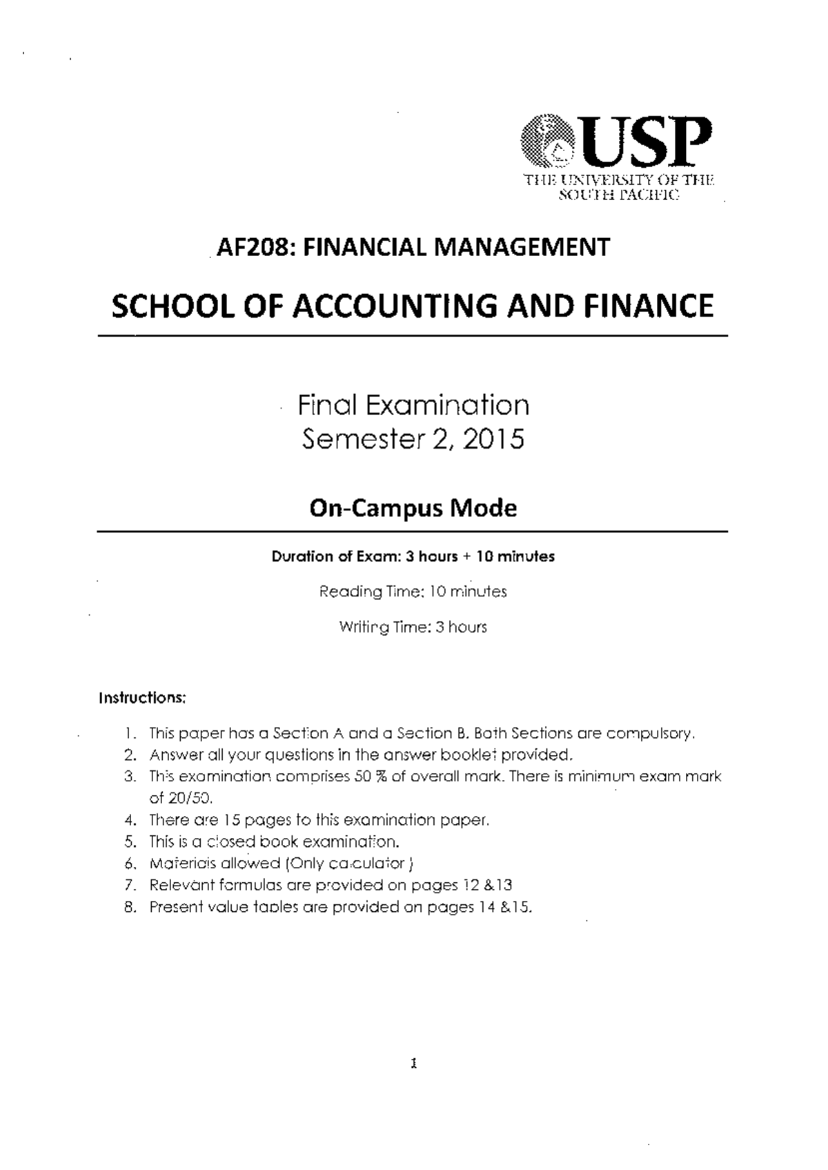 Final Exam 2015 Semester 2 - Question - USP THE UNIVERSITY OF THE SOUTH ...