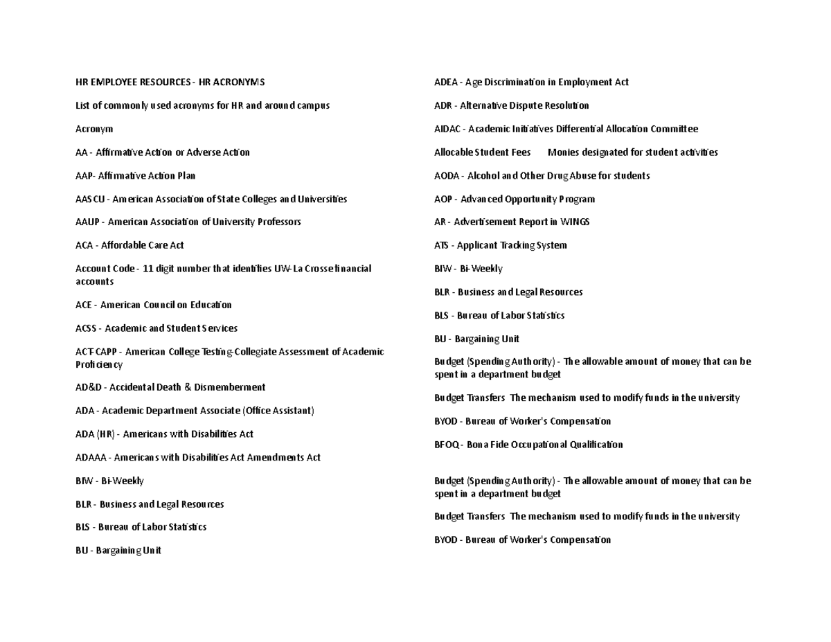 HR Employee Resources (short) - HR EMPLOYEE RESOURCES - HR ACRONYMS ...