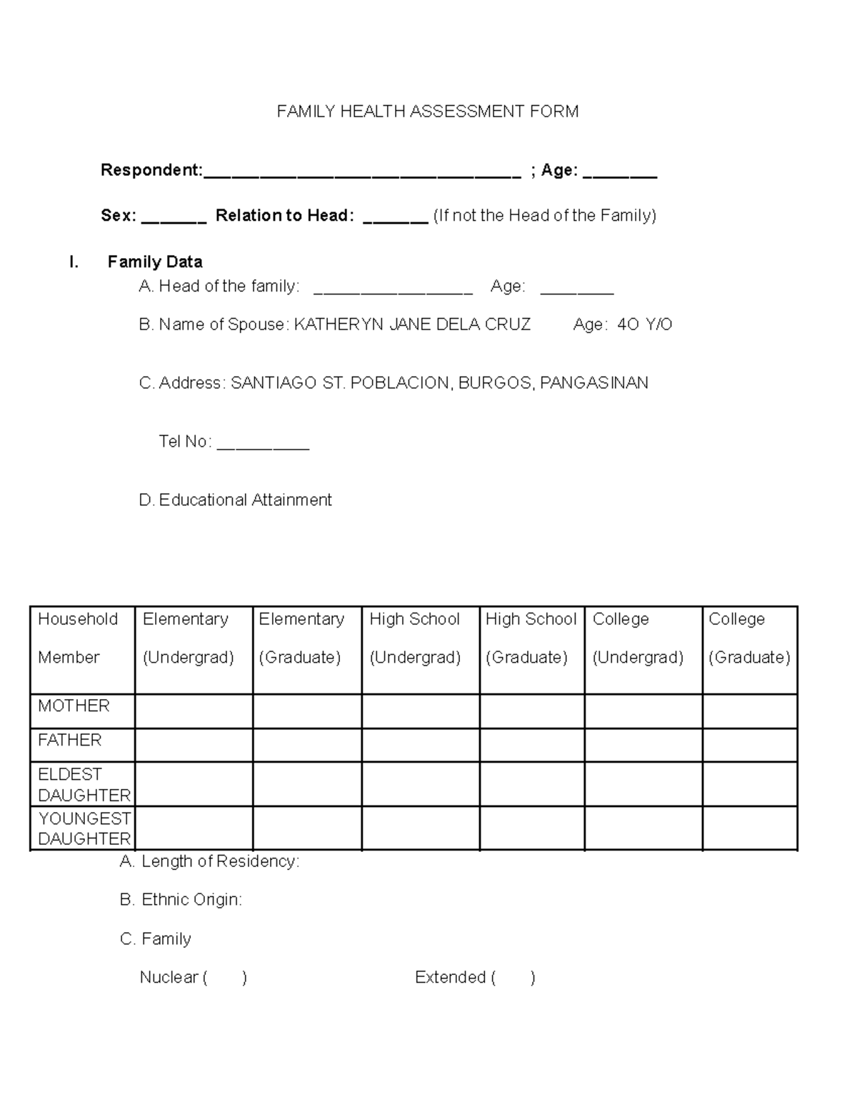 2 Family Assessment Form Template - FAMILY HEALTH ASSESSMENT FORM - Studocu