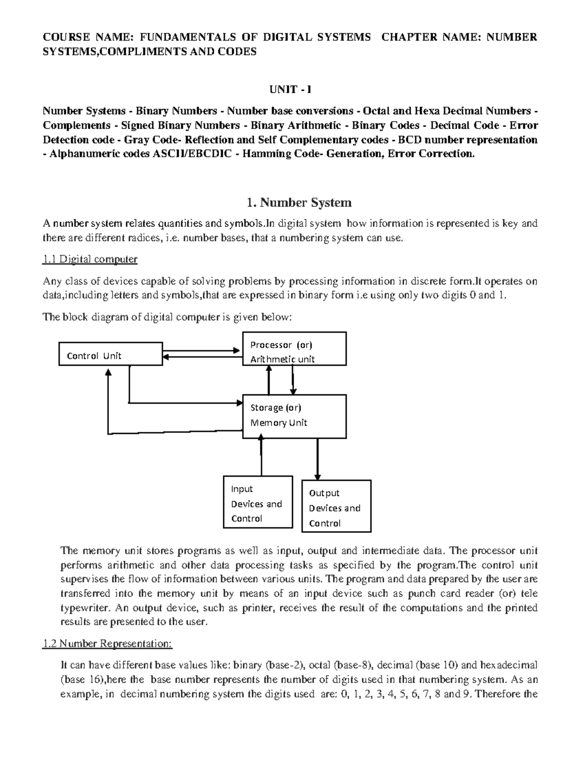 FUNDAMENTALS OF DIGITAL SYSTEMS - 1. Number System A number system ...
