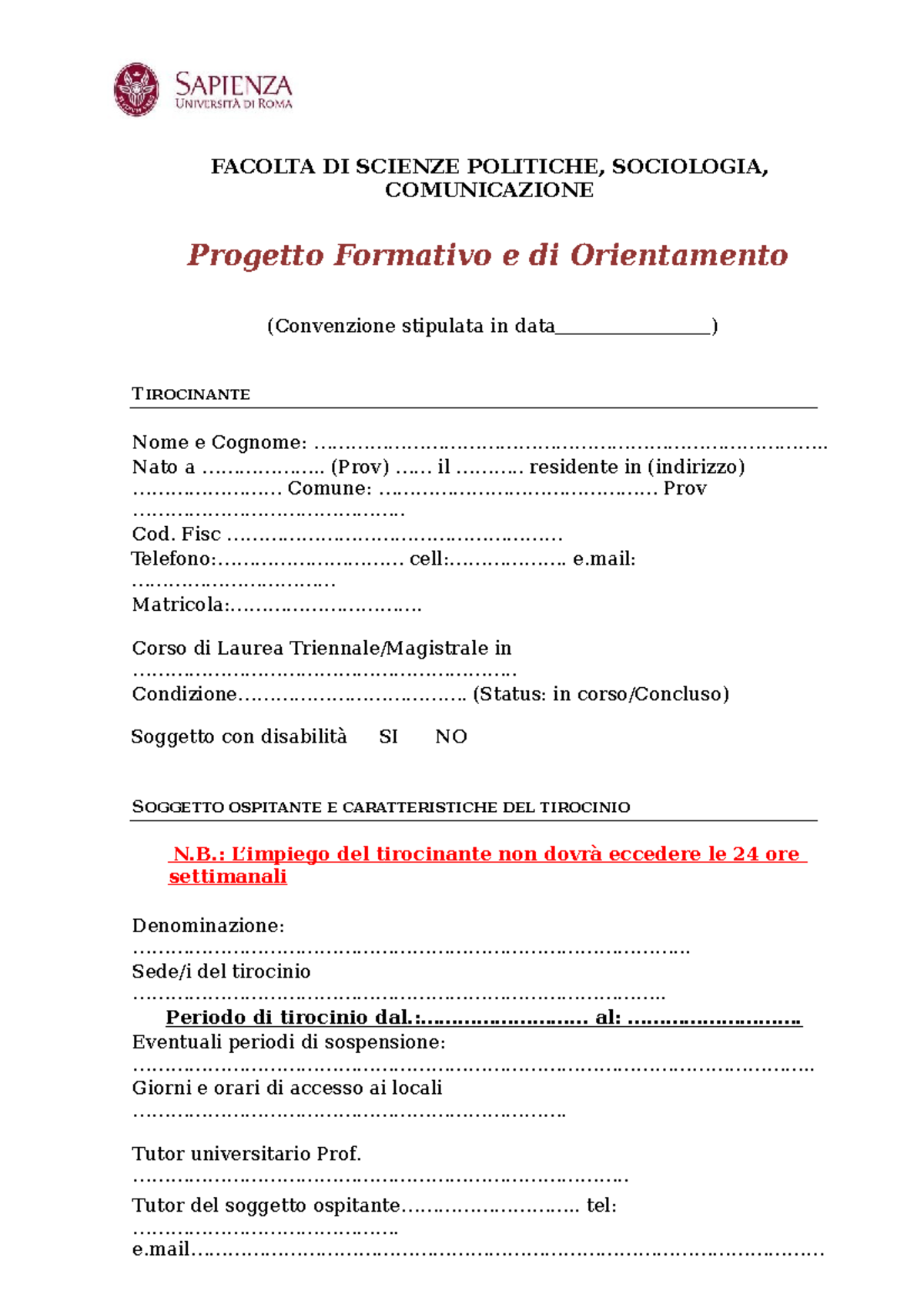 Modulo Progetto Formativo IN WORD con 24 ore - FACOLTA DI SCIENZE ...