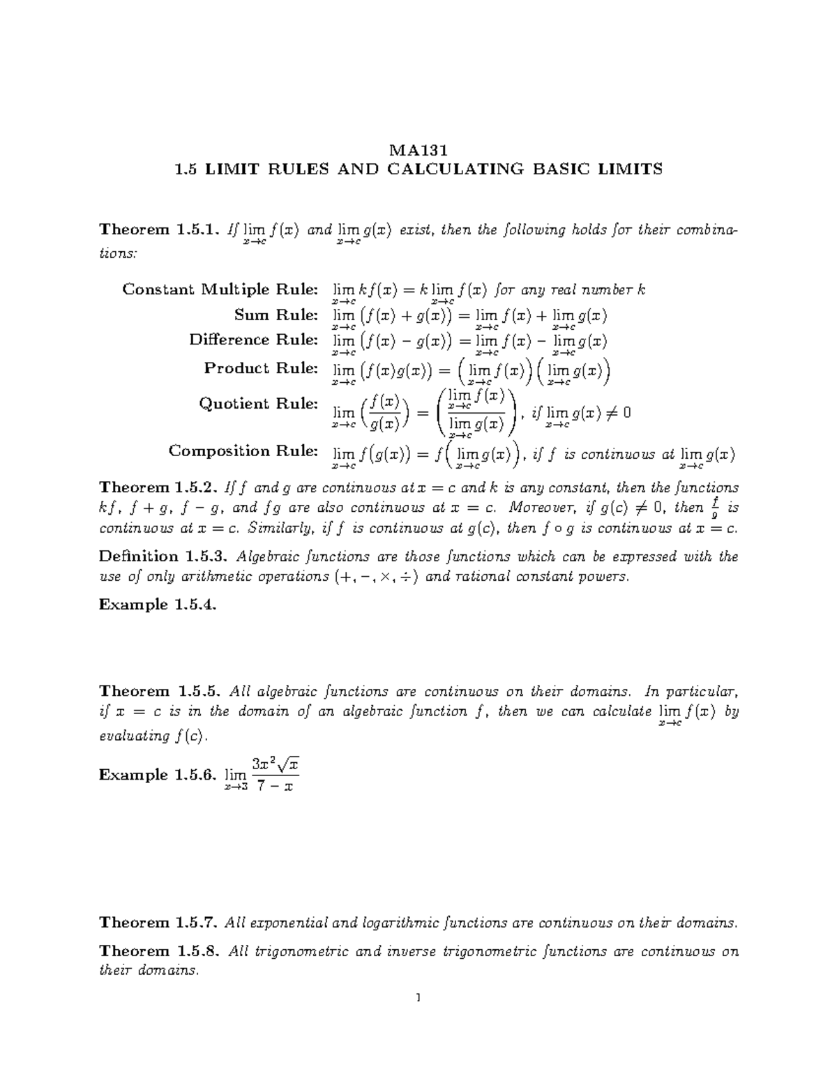 Ma131 1 5 Limit Rules And Calculating Basic Limits Spring 2021