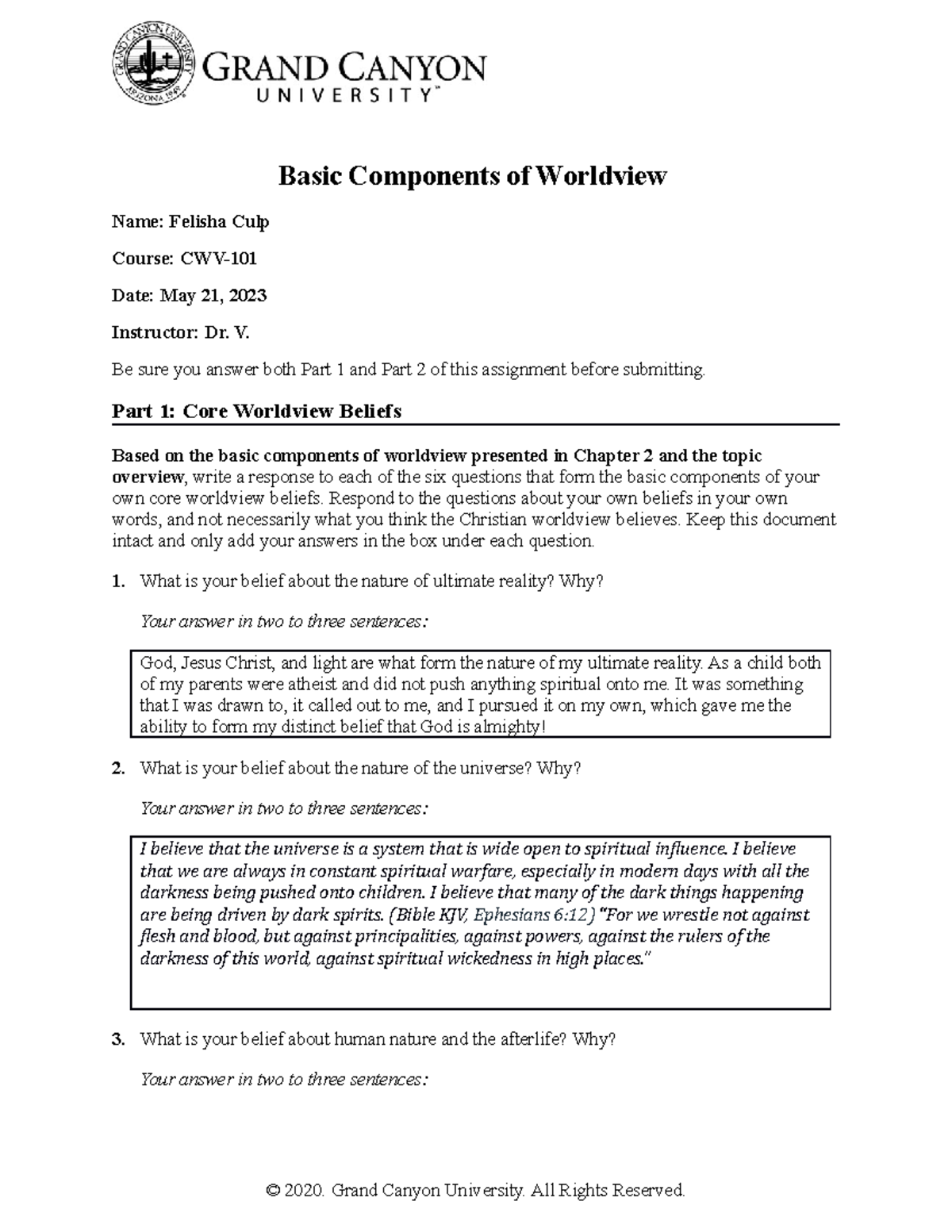 CWV Basic Components of Worldview - Basic Components of Worldview Name ...