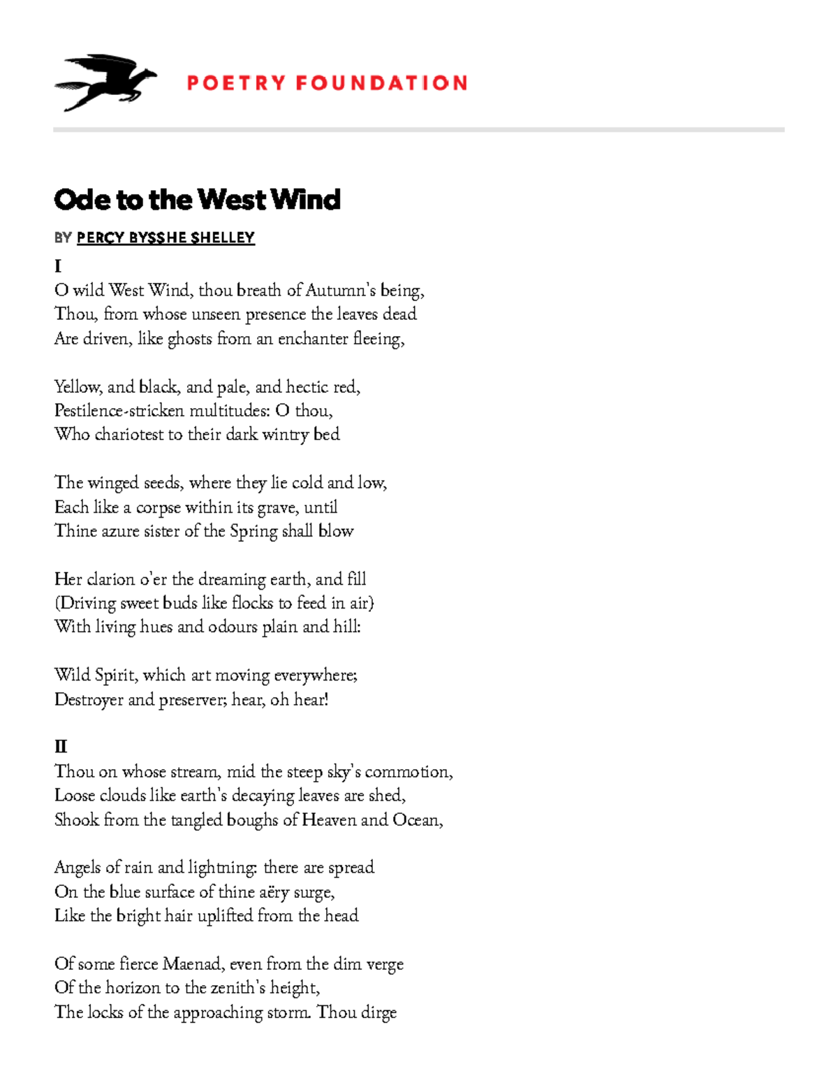 Ode to the West Wind by Percy Bysshe Shelley Poetry Foundation - Ode to ...