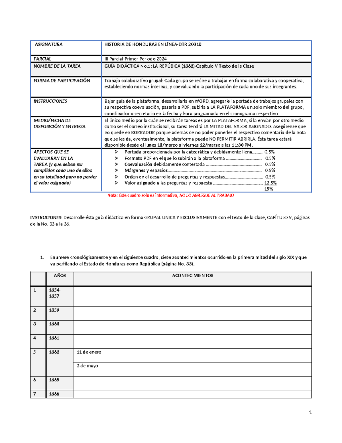 GUÍA Didáctica No.1-III Parcial (1) - ASIGNATURA HISTORIA DE HONDURAS EN LÍNEA-DTR 2001B PARCIAL ...