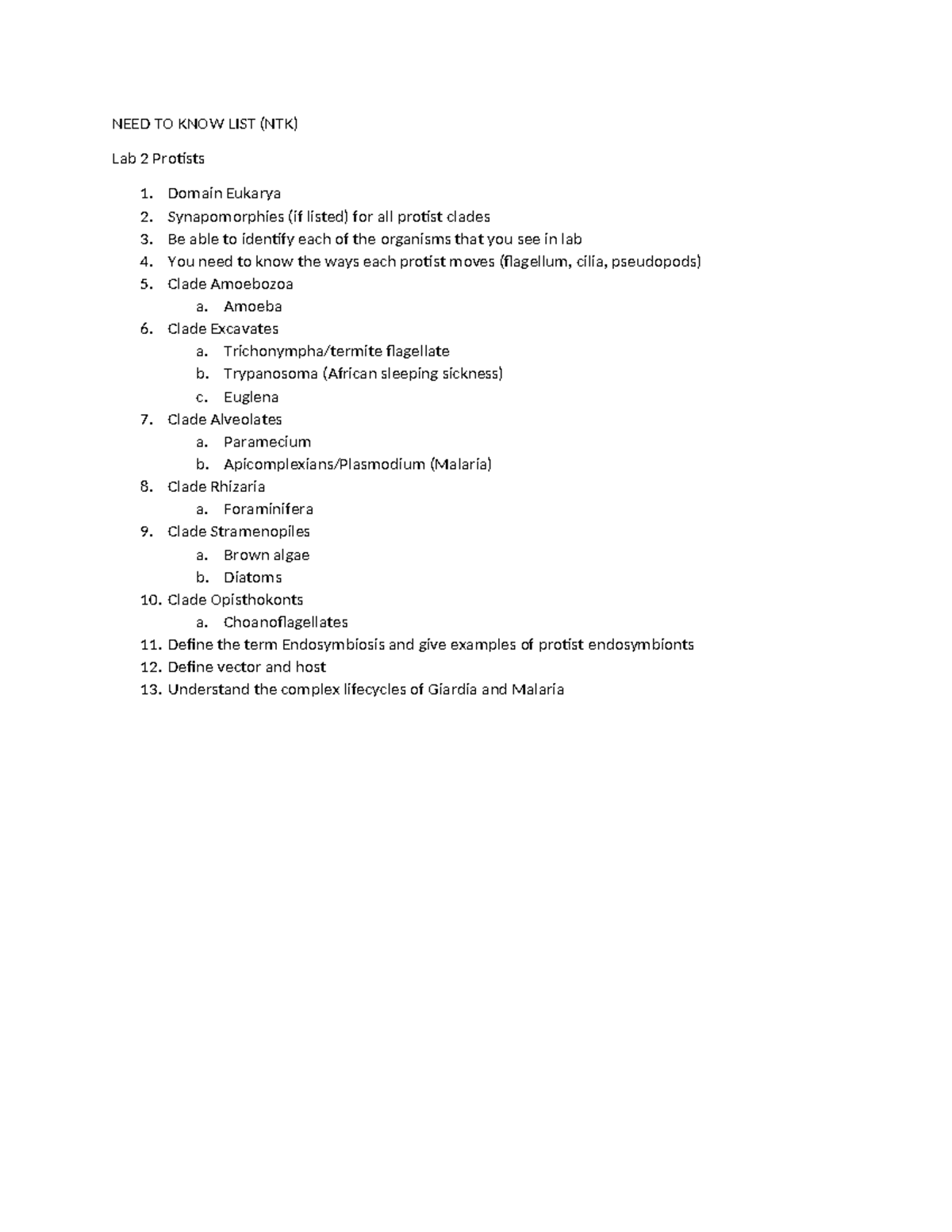 NEED TO KNOW LIST-protists - NEED TO KNOW LIST (NTK) Lab 2 Protists 1 ...