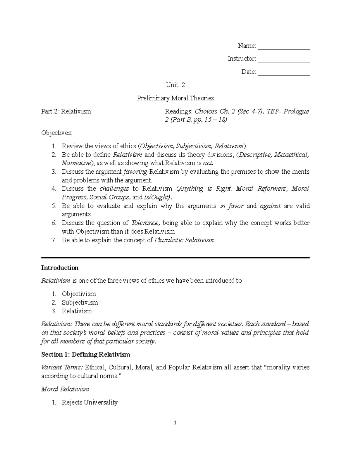 Unit 2, Part 2 - Relativism (Lesson Notes) - Name ...