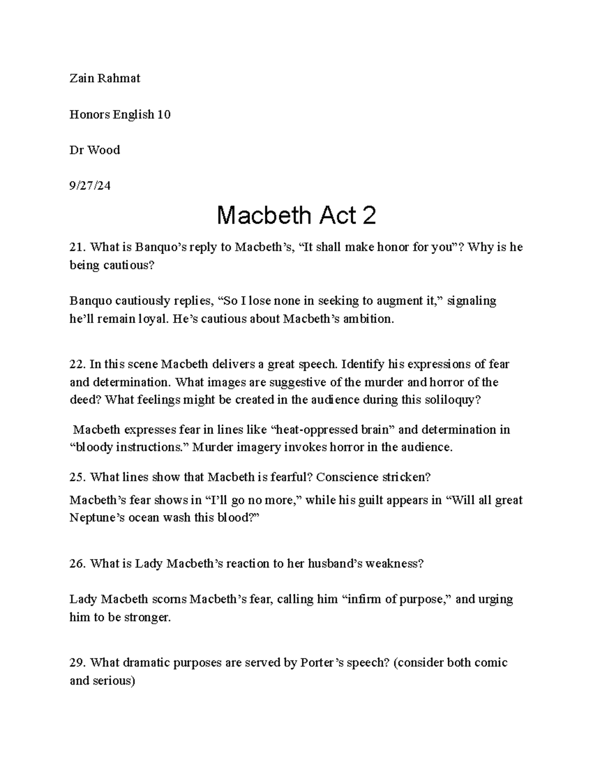 Macbeth Act 2 - Zain Rahmat Honors English 10 Dr Wood 9/27/ Macbeth Act ...