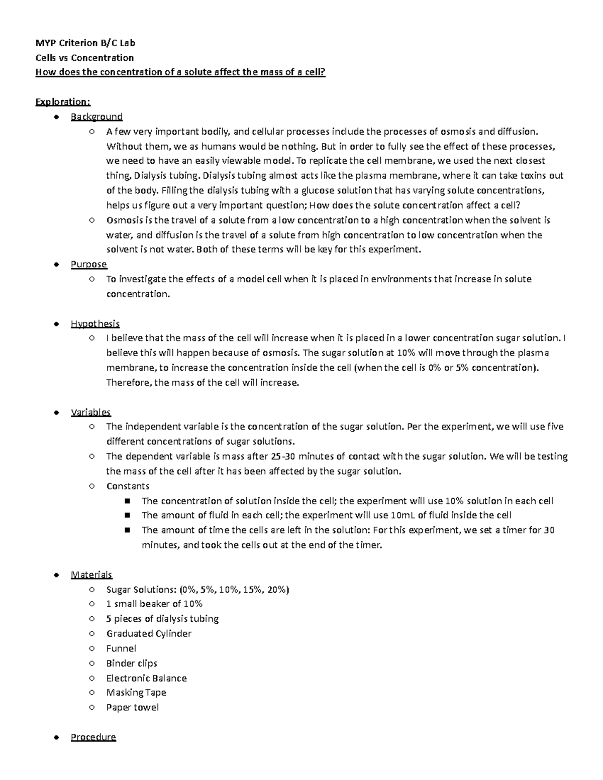 Cell Concentration Lab - Google Docs - MYP Criterion B/C Lab Cells vs ...