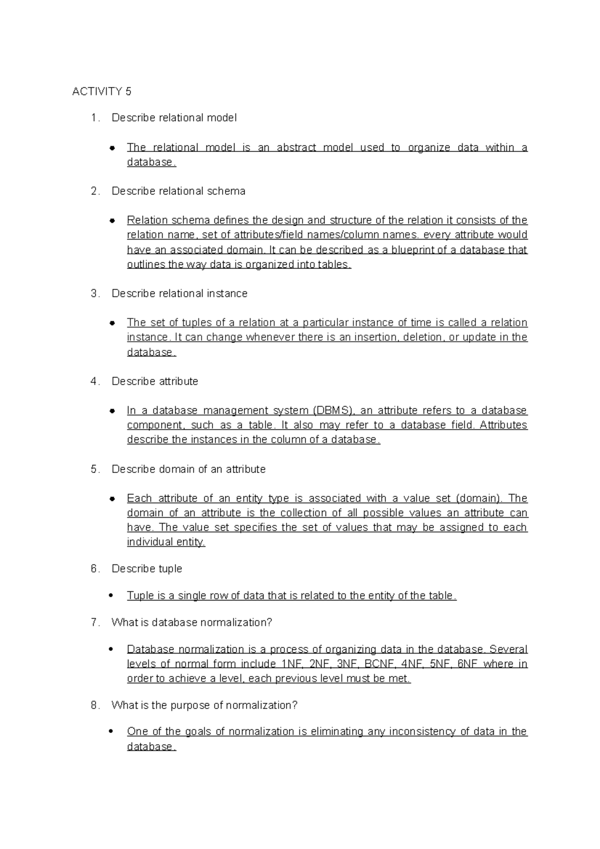 Activity 5 - some practice questions on relational - ACTIVITY 5 Describe relational model The ...