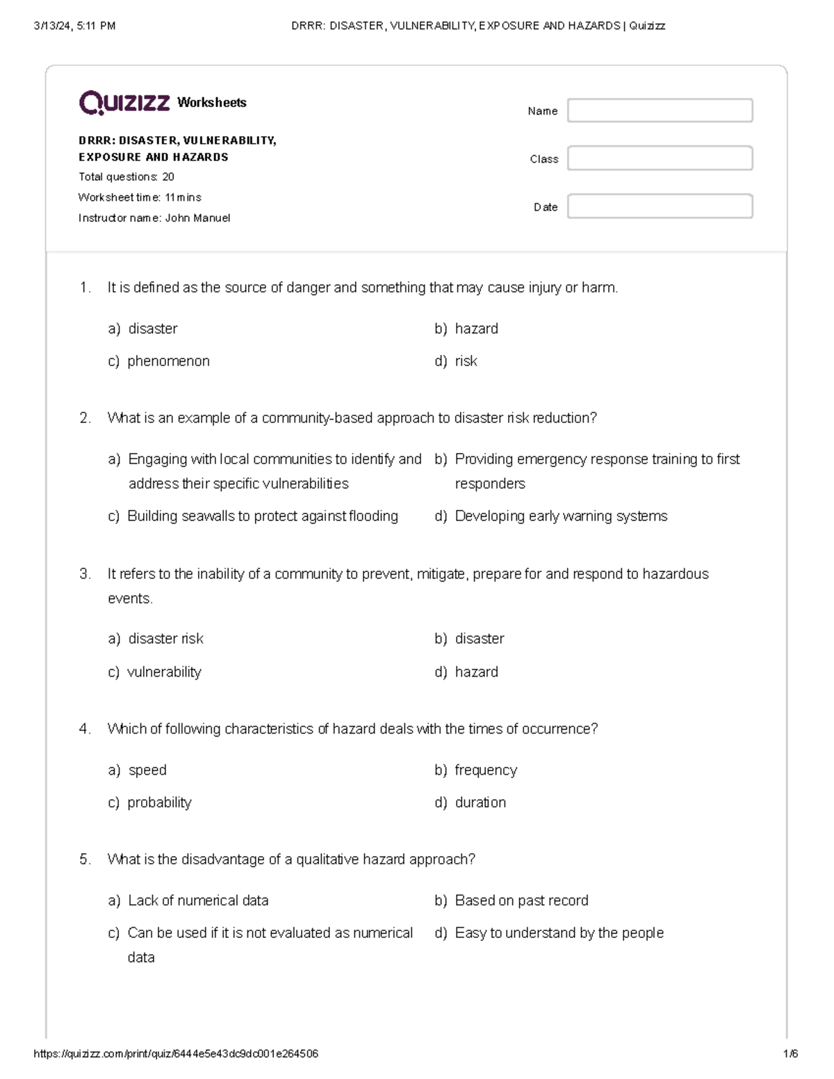 DRRR Disaster, Vulnerability, Exposure AND Hazards Quizizz - Worksheets ...