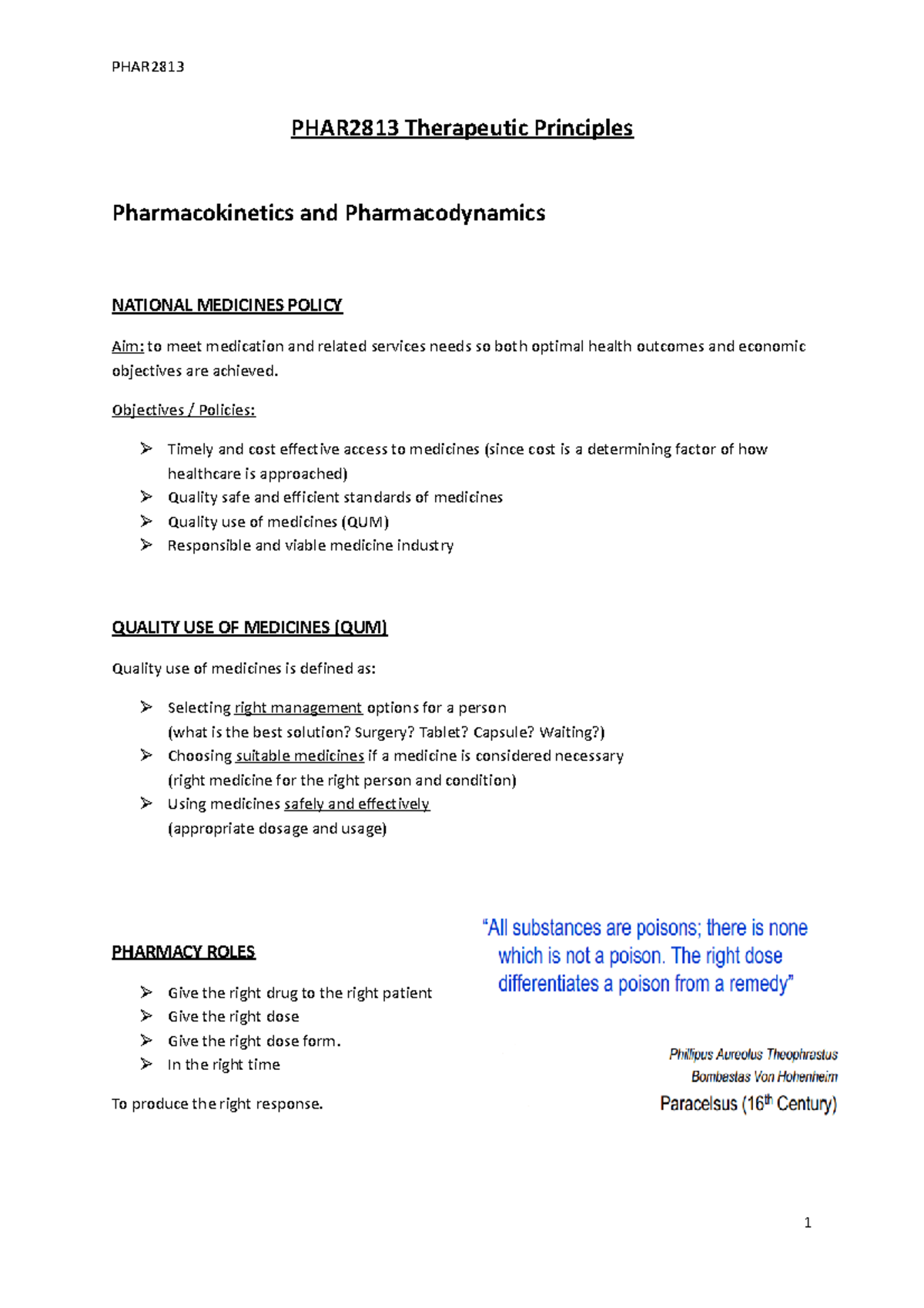 PHAR2813 soma PART 1 - PHAR2813 Therapeutic Principles Pharmacokinetics and Pharmacodynamics ...