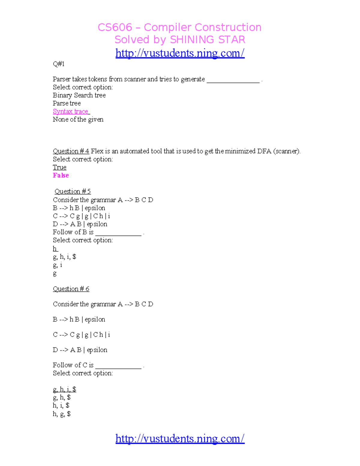 CS606 Solved MCQs Final Term Paper - Solved by SHINING STAR vustudents.ning/ Q# Parser takes ...