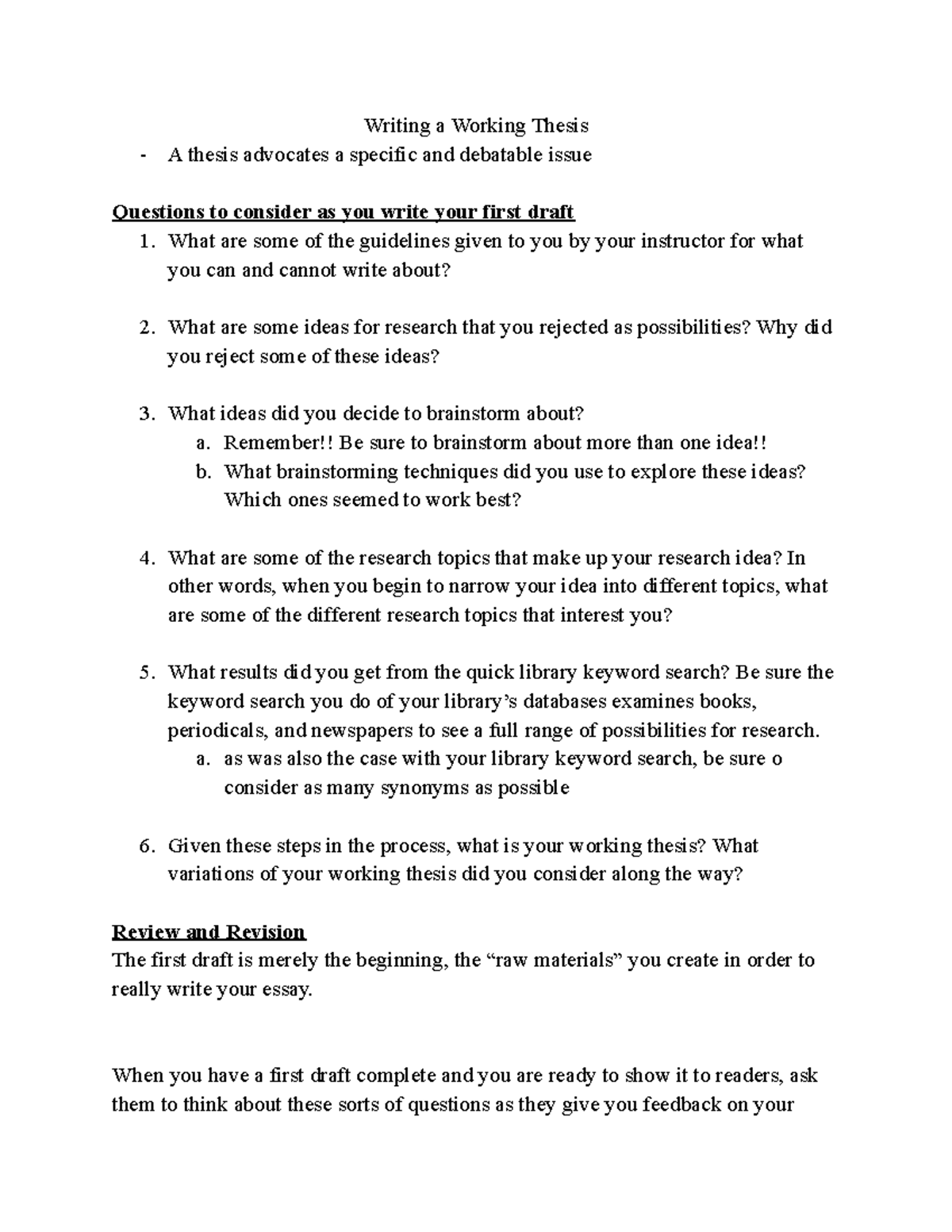 Writing a Working Thesis - What are some of the guidelines given to you ...