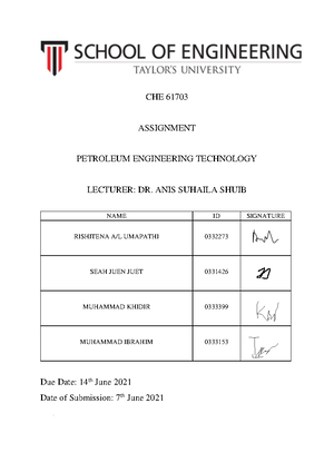 Petroleum Assignment ( R - CHE 61703 ASSIGNMENT PETROLEUM ENGINEERING ...