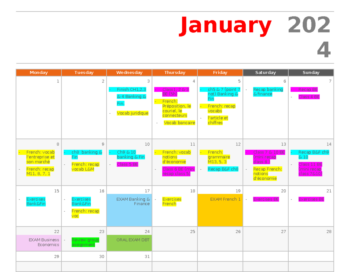Study schedule january - January 202 4 Monday Tuesday Wednesday ...