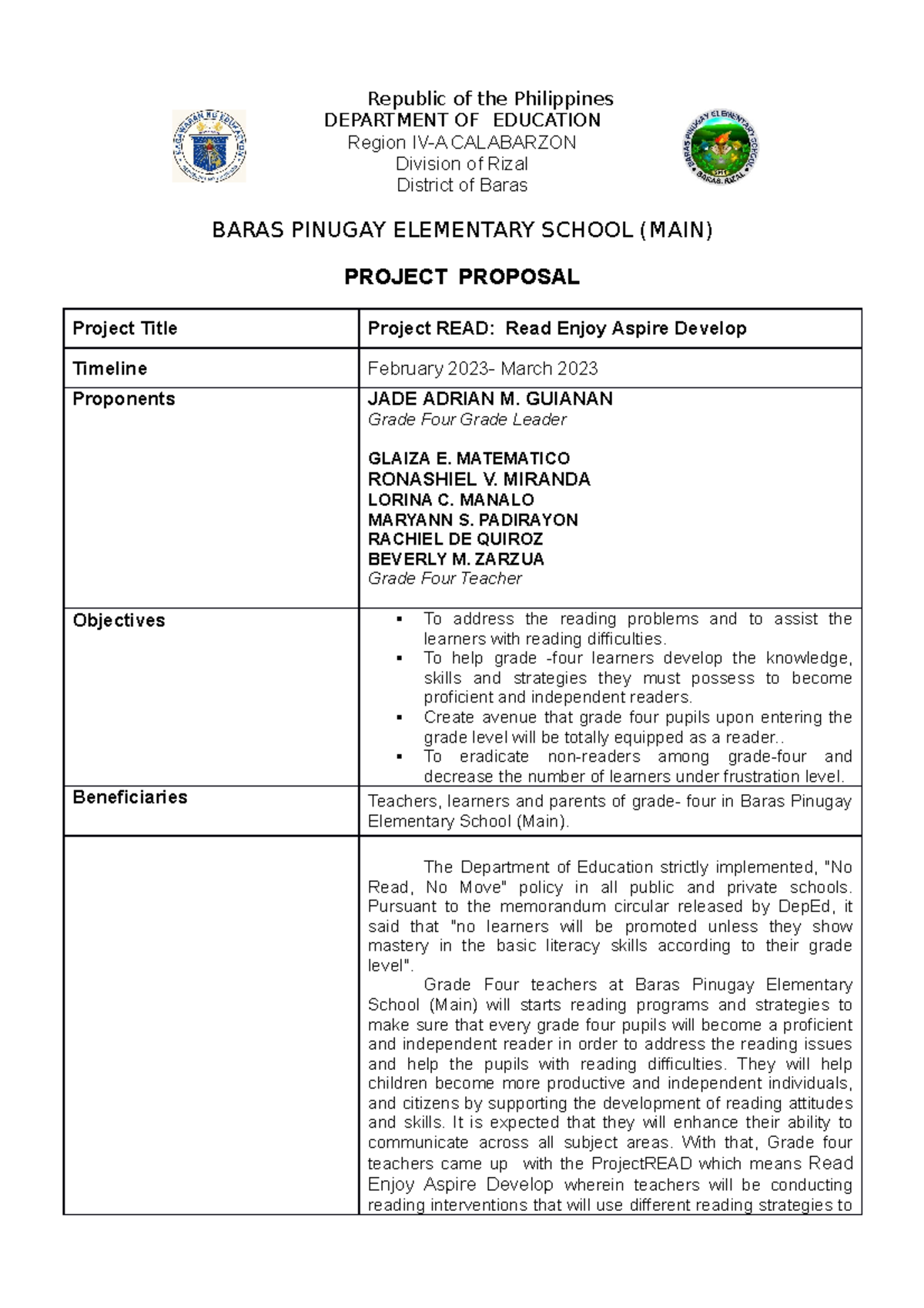 Project READ Project Proposal - Republic of the Philippines DEPARTMENT ...