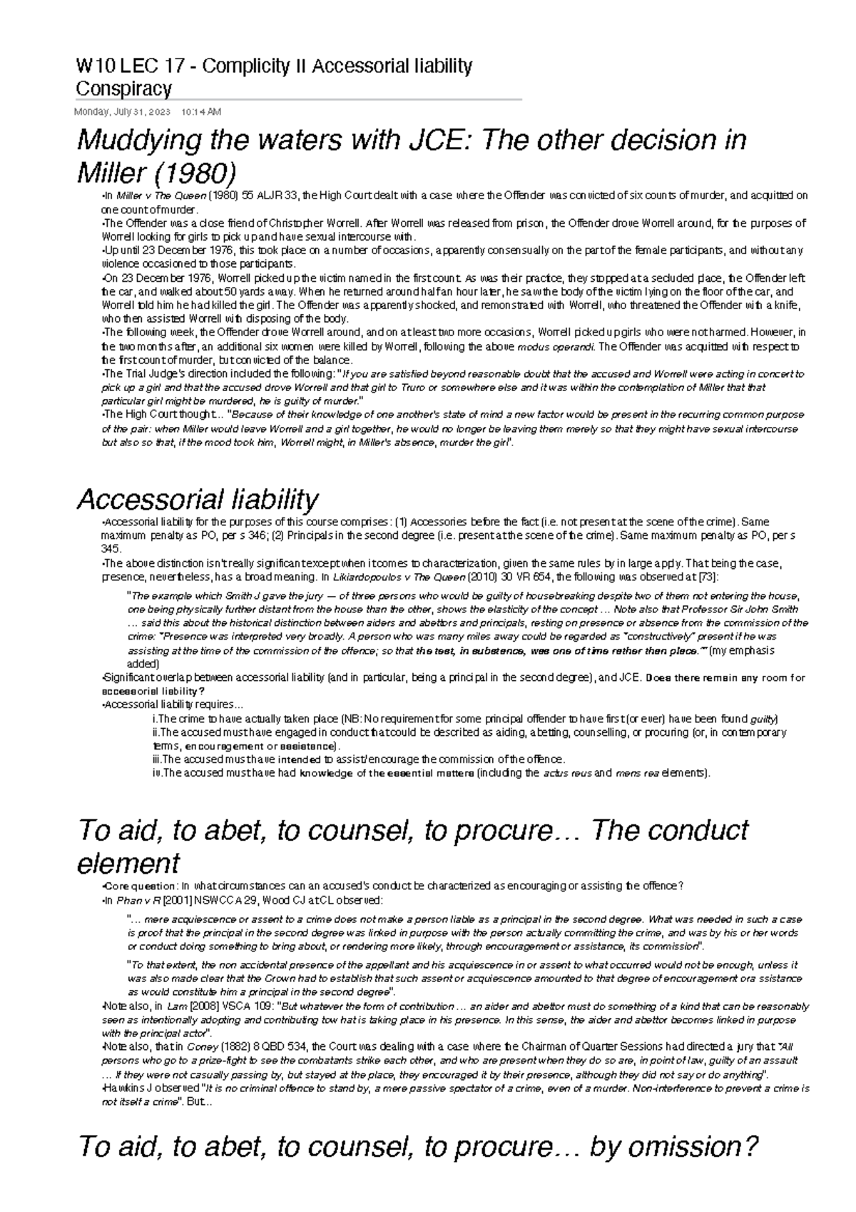 LAW - ... - W10 LEC 17 - Complicity II Accessorial liability Conspiracy ...