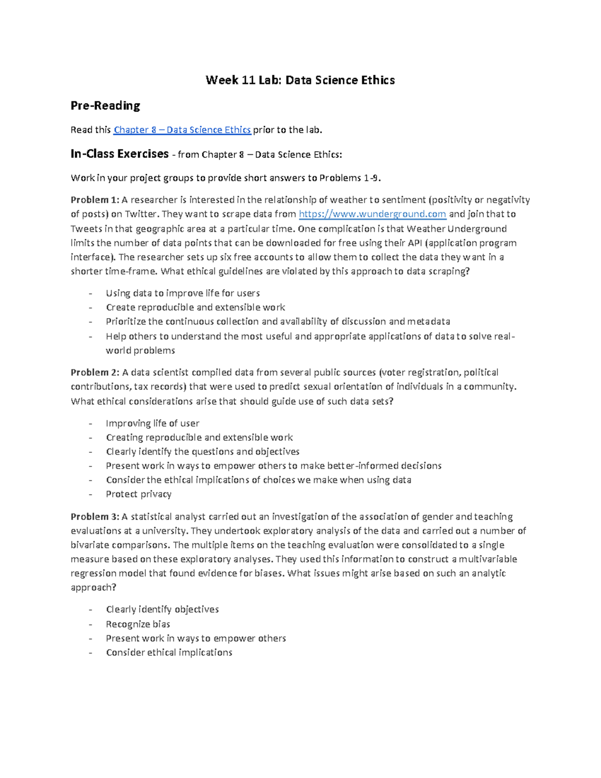 Petrone Lab11 - lab 11 - Week 11 Lab: Data Science Ethics Pre-Reading Read this Chapter 8 – Data ...