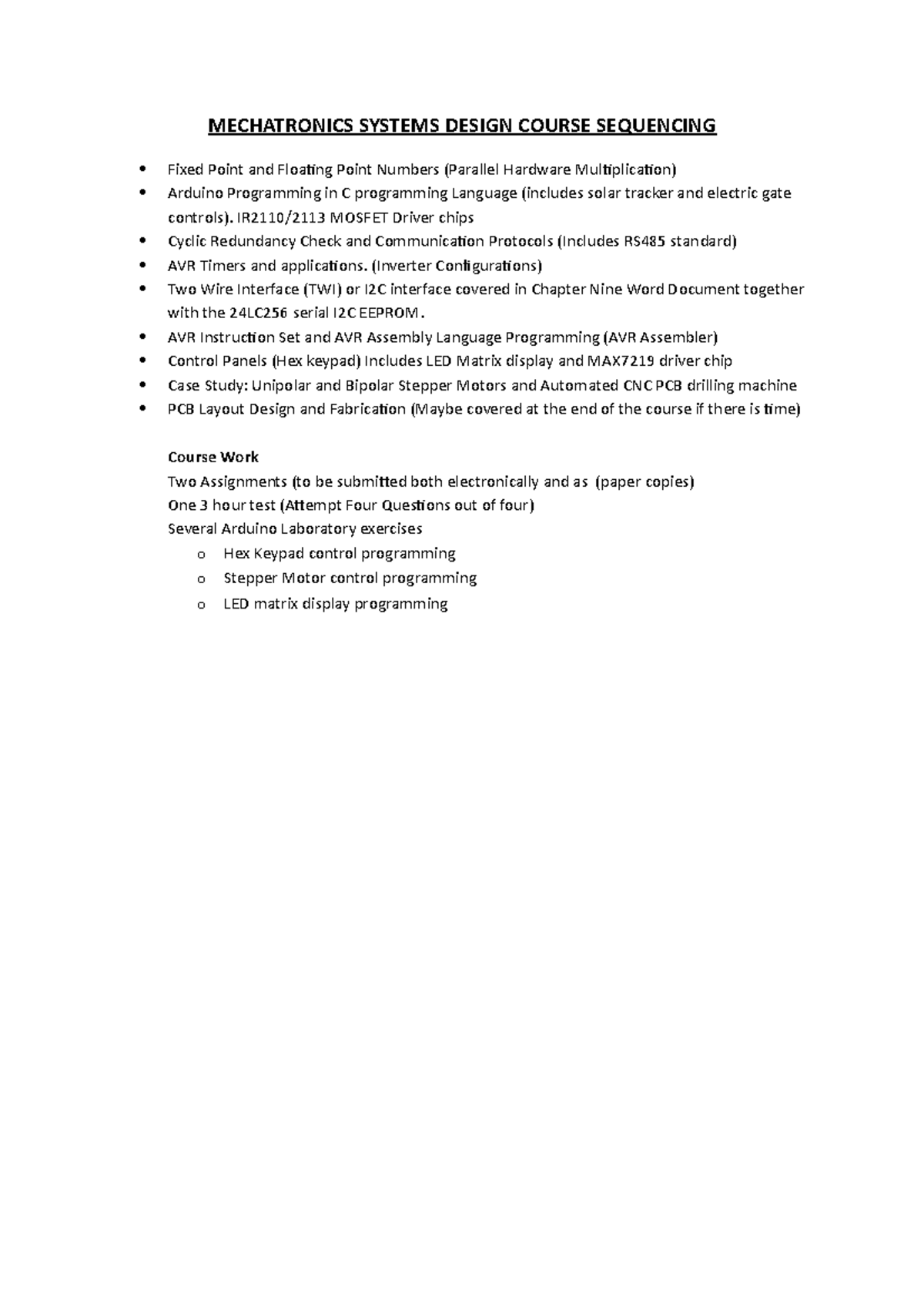 Course Sequencing Of the titles followed through to pass the course - MECHATRONICS SYSTEMS ...
