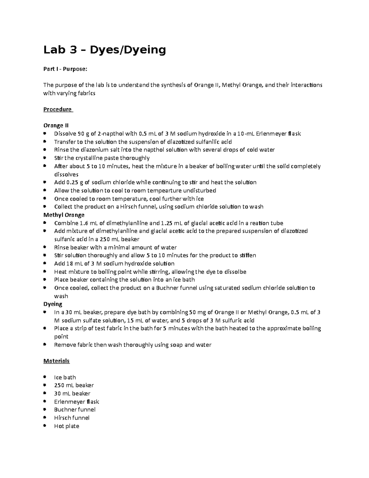 Organic Chemistry II Lab - Dyes - Lab 3 – Dyes/Dyeing Part I - Purpose ...