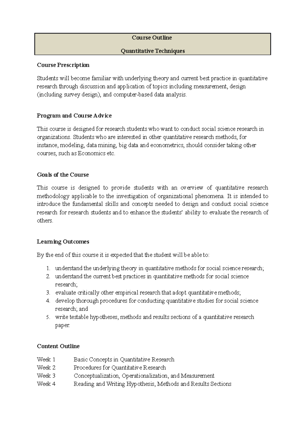 Course Outline - Course Outline Quantitative Techniques Course ...