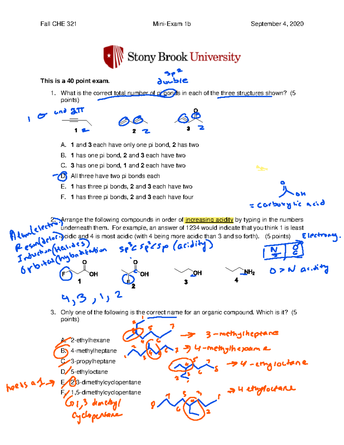 CHE321 Mini-exam1b 20 - mini exams from 2020 - Fall CHE 321 Mini-Exam ...