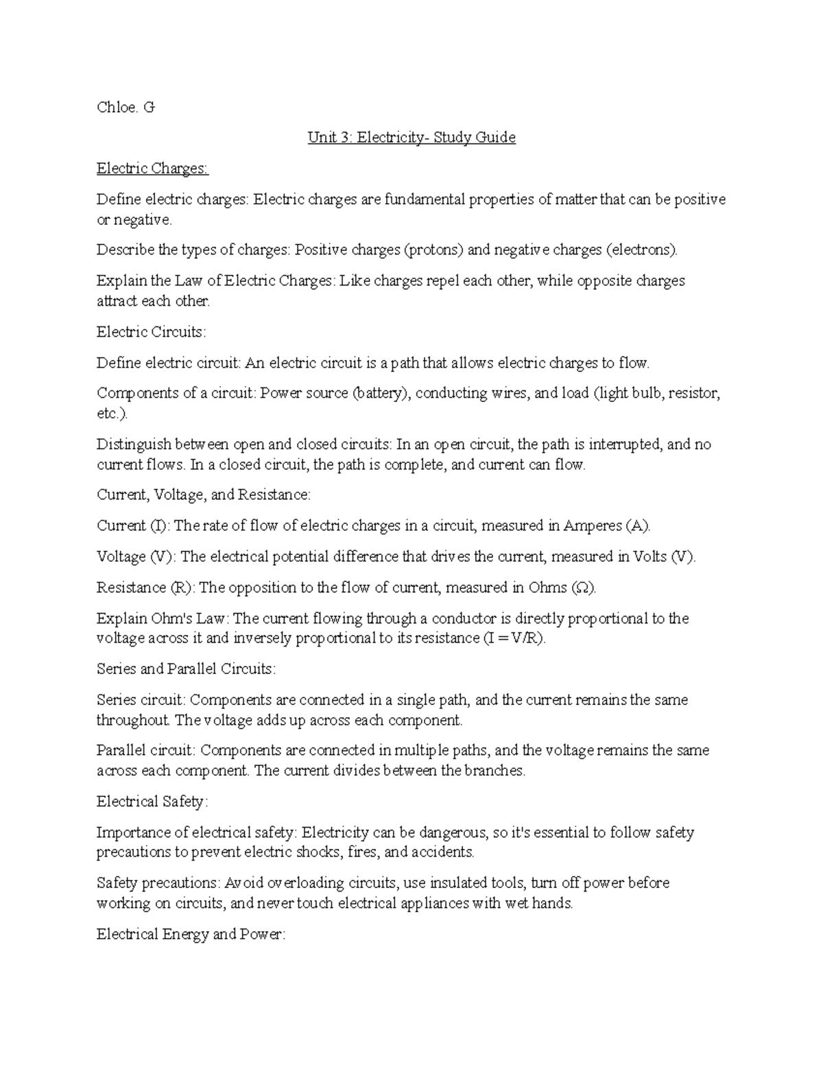 Electricity- Study Guide - Chloe. G Unit 3: Electricity- Study Guide ...