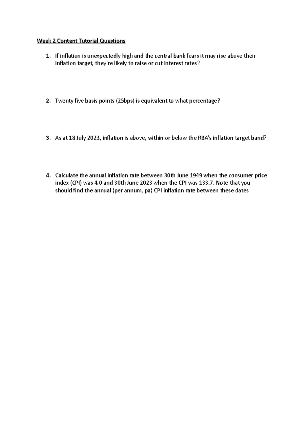 Finance Tutorial Questions - Week 2 Content Tutorial Questions 1. If ...