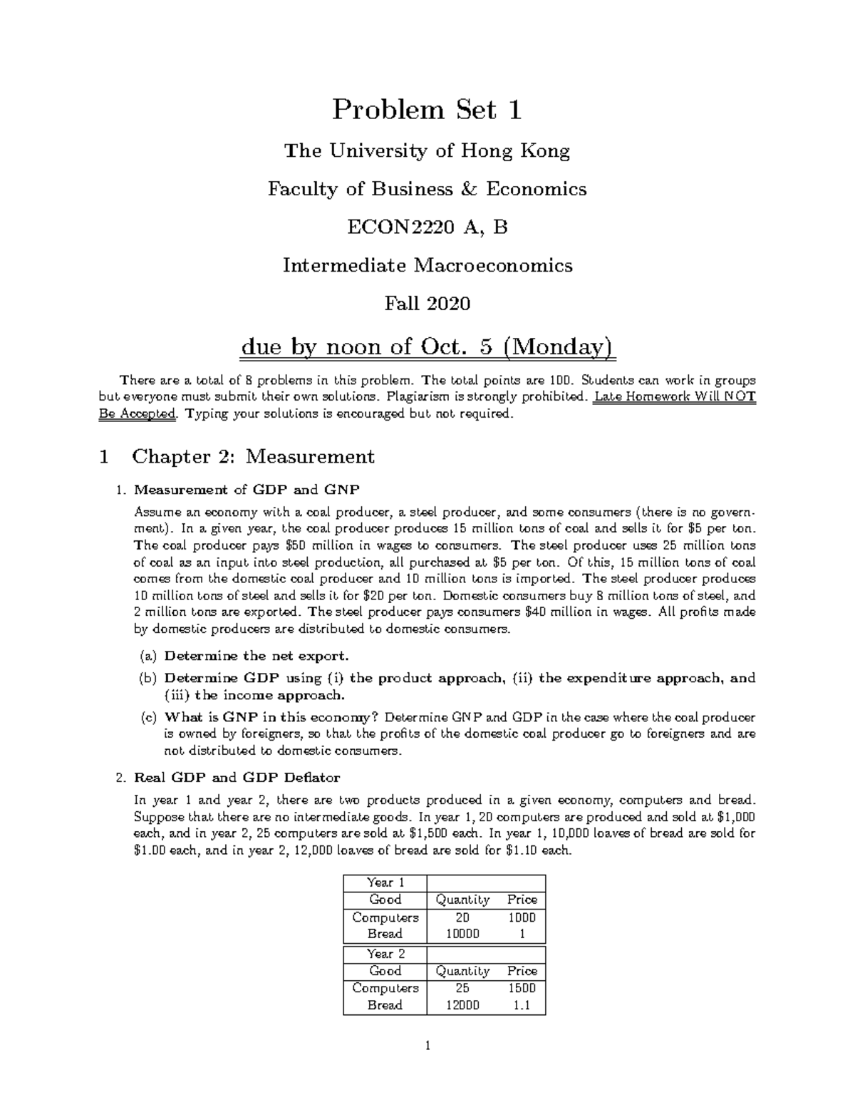Intermediate Macro Fall 2020 Ps1 Final Problem Set 1 The University Of Hong Kong Faculty