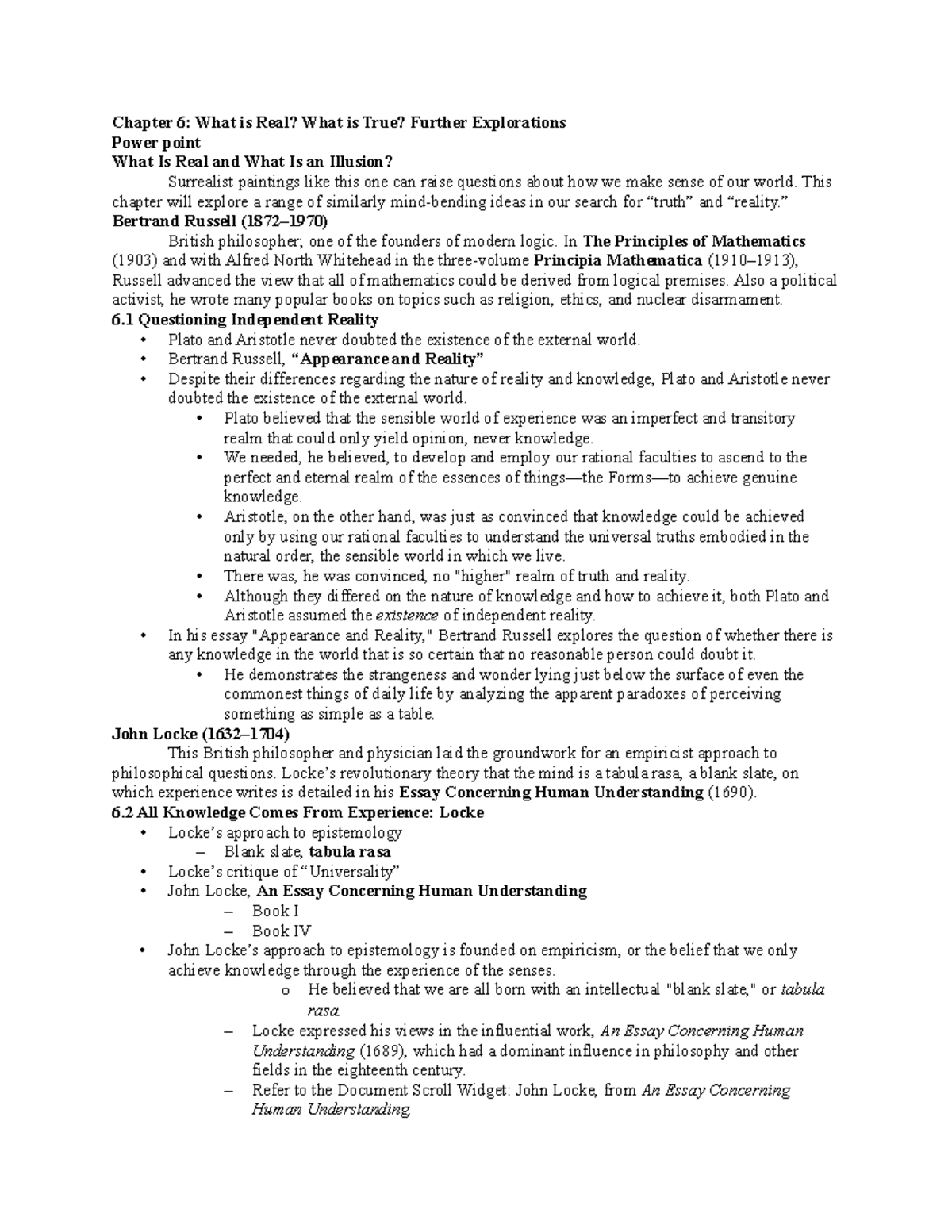 Chapter 6 Philosophy Power point - Chapter 6: What is Real? What is ...