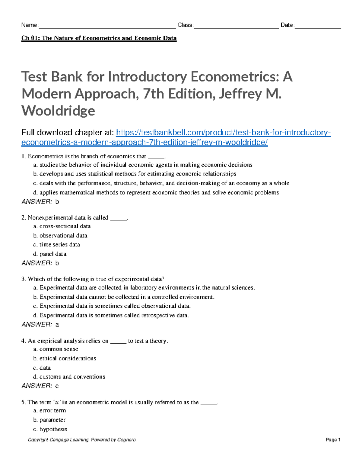 654900339 Test Bank For Introductory Econometrics A Modern Approach 7th Edition Jeffrey M