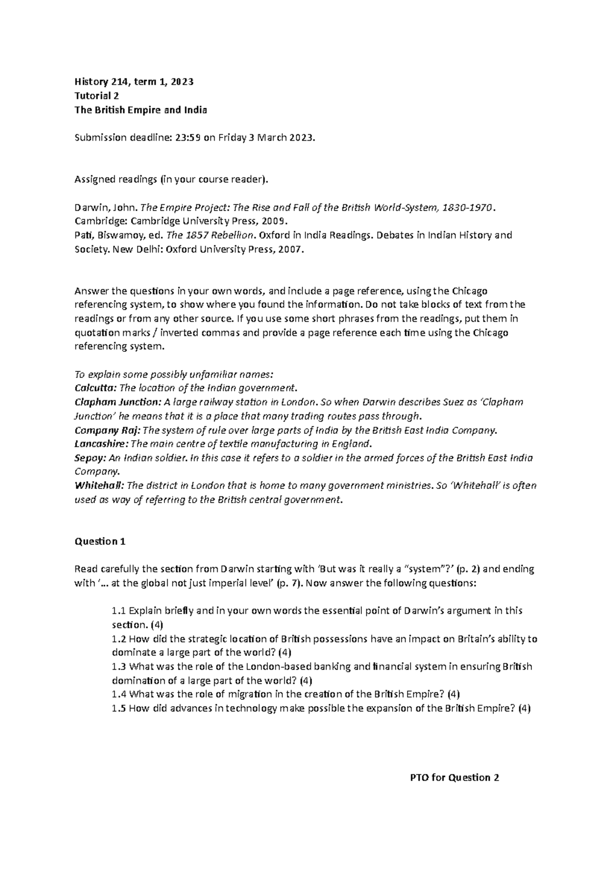 History 214 term 1 2023 tutorial 2 - History 214, term 1, 2023 Tutorial 2 The British Empire and ...