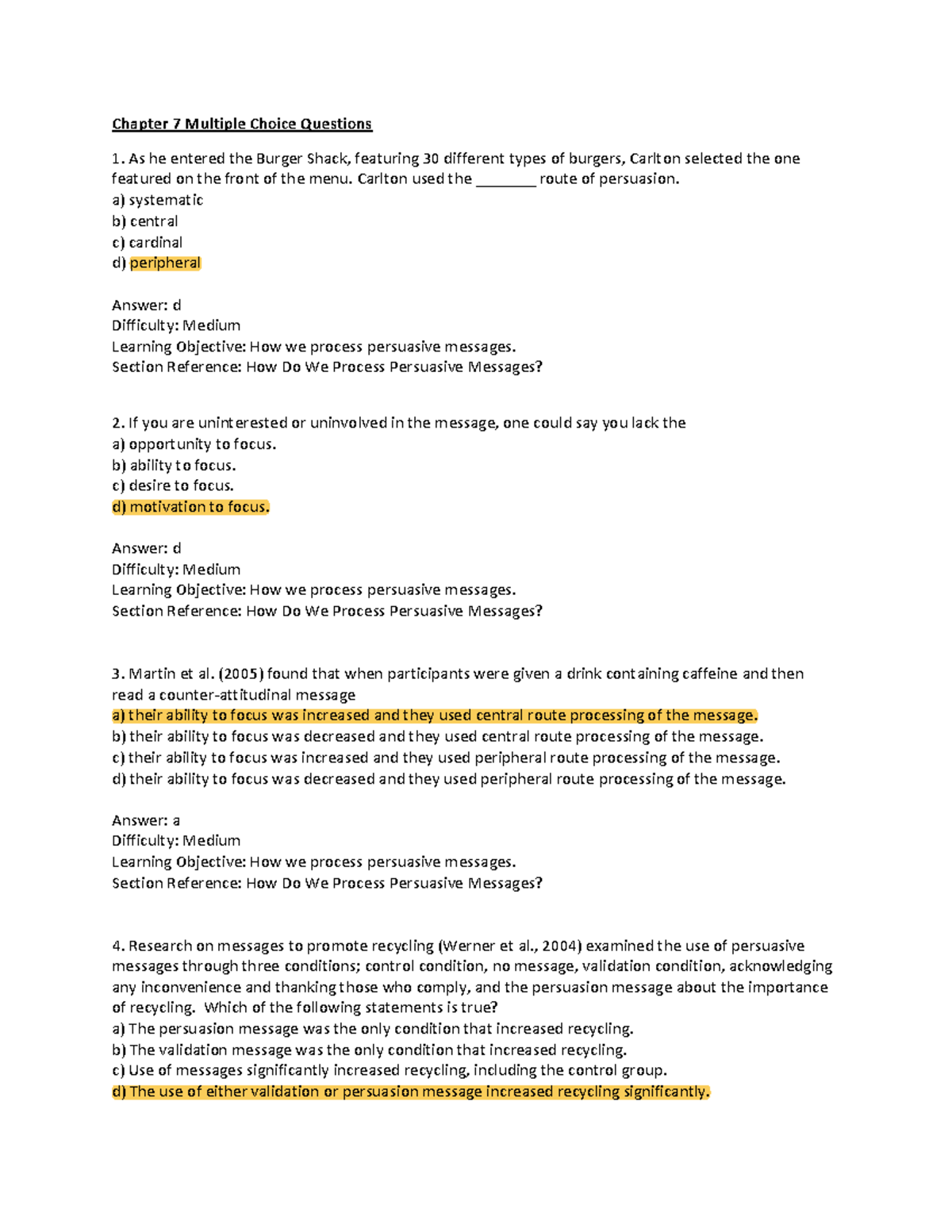 Chapter 7 Multiple Choice Questions on Persuasive Messages - Studocu