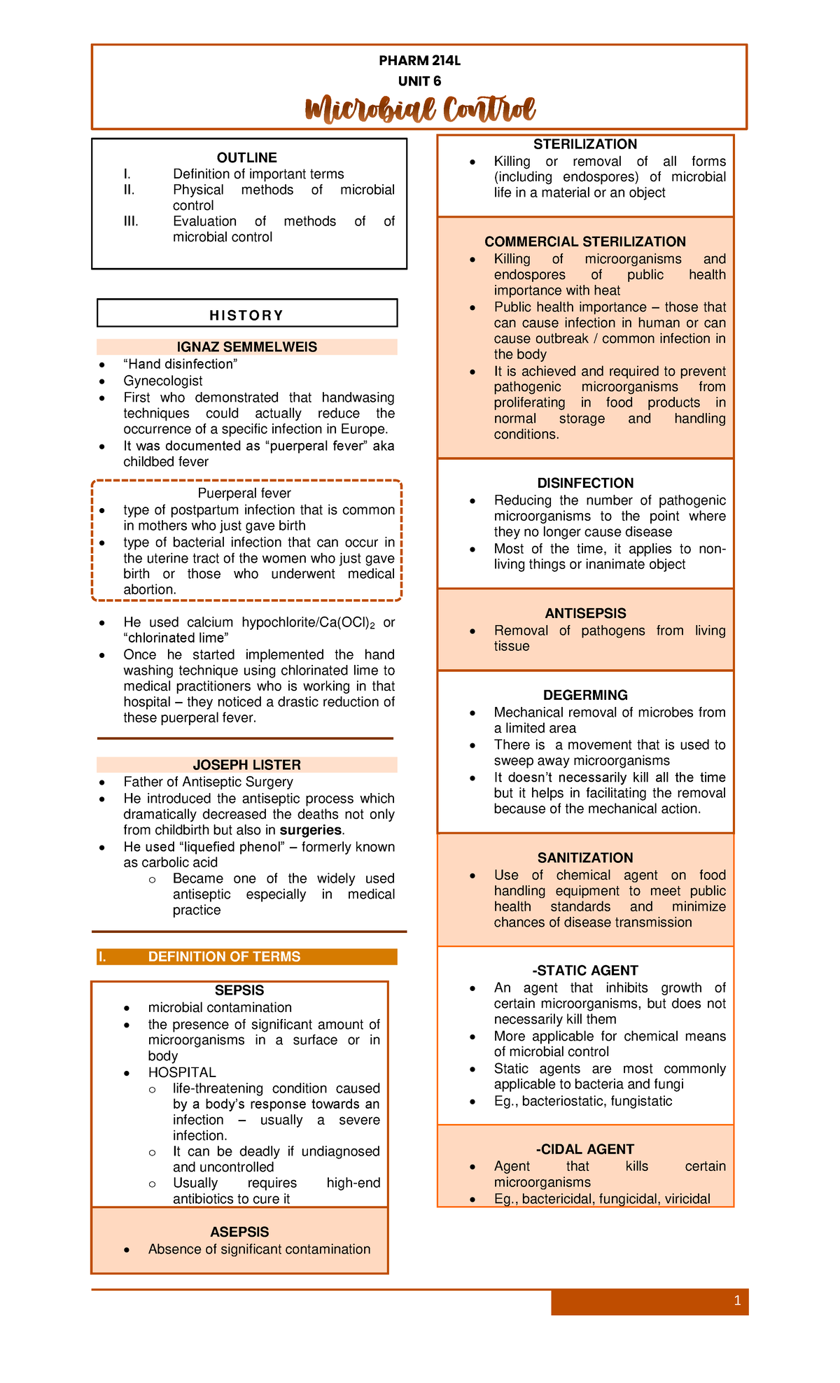 Physical Methods of Microbial Control - UNIT 6 OUTLINE I. Definition of ...