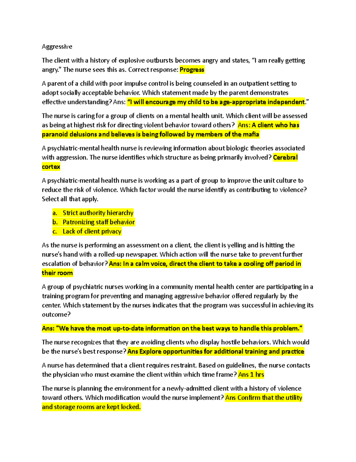 Mental Health Agressions - Aggressive The client with a history of ...