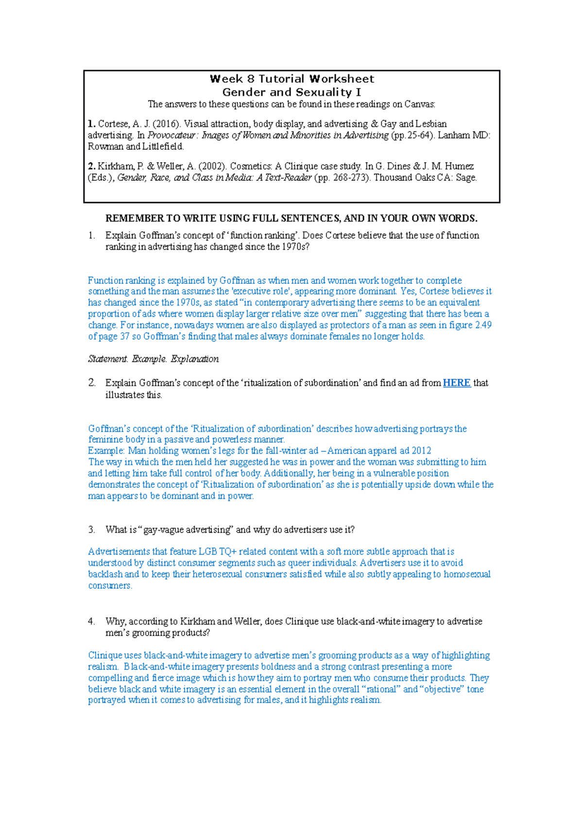 Week 8 tut - Tutorial work - Week 8 Tutorial Worksheet Gender and Sexuality I The answers to ...