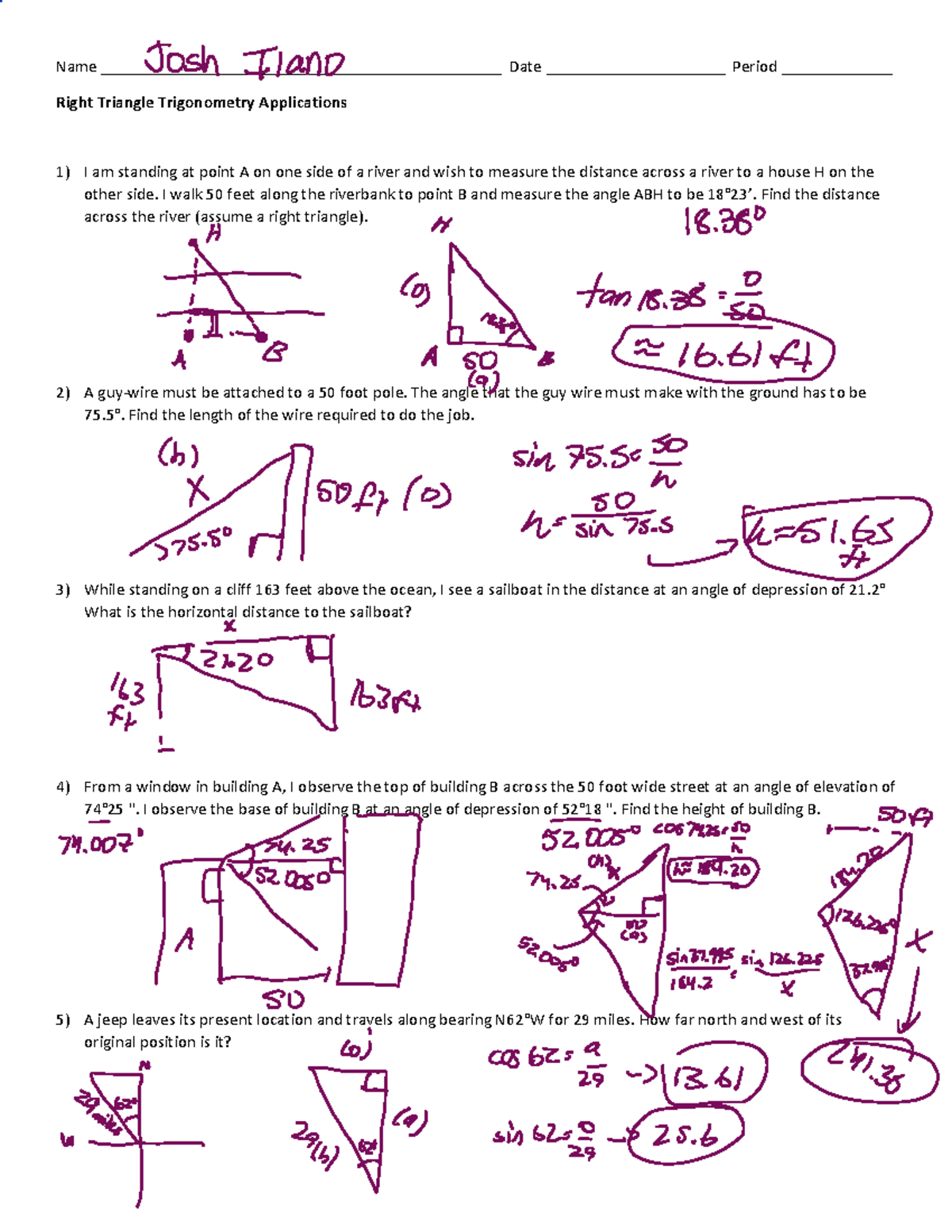Right Triangle Trigonometry Applications ri Dee - Name - Studocu