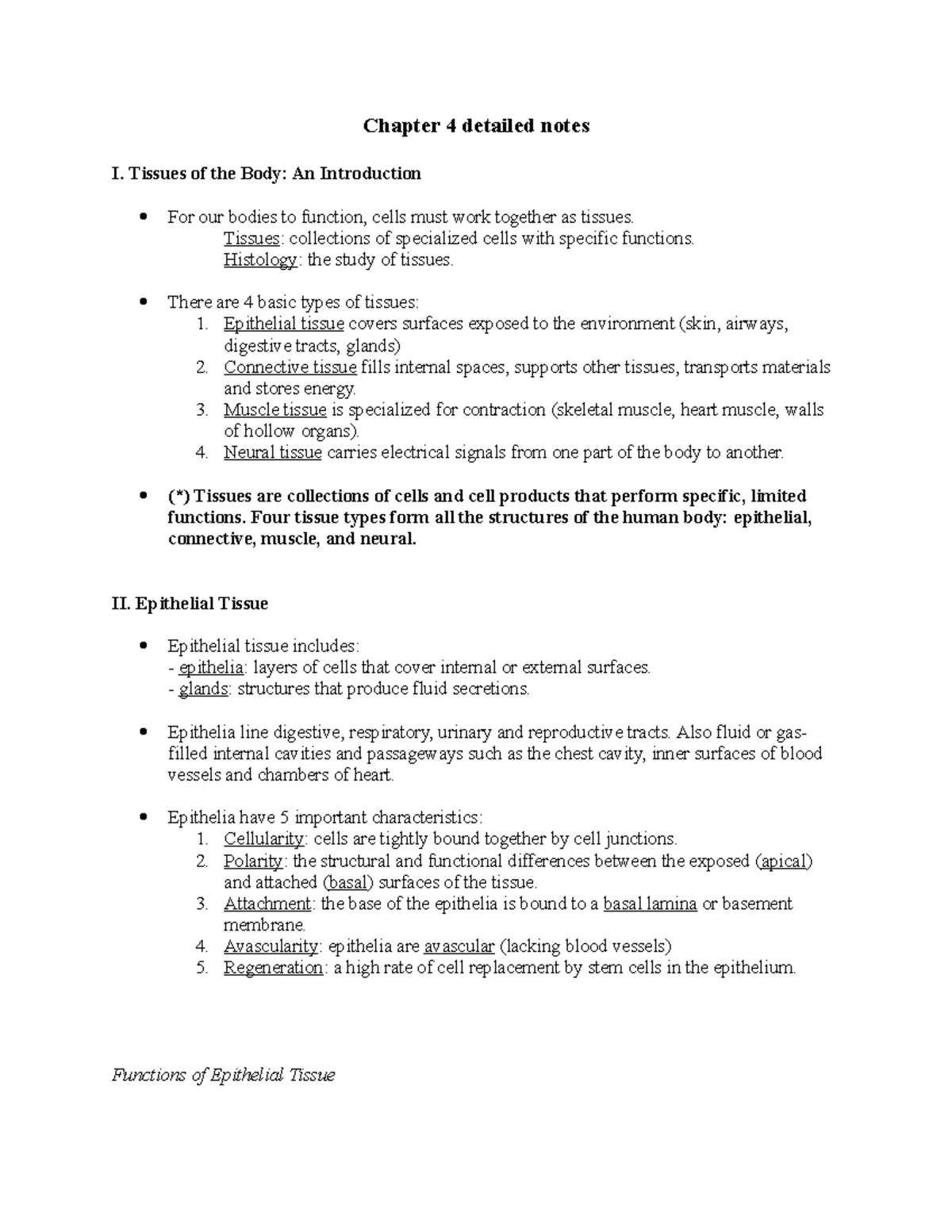 Chapter 4 detailed notes - Chapter 4 detailed notes I. Tissues of the ...