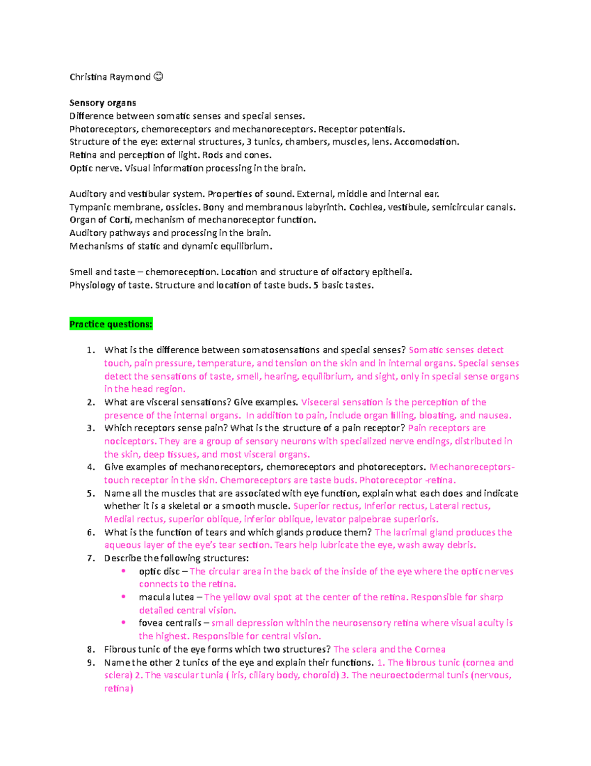 BIO2401 study guide-Sensory organs-TURN THIS IN - Christina Raymond 🐀 ...