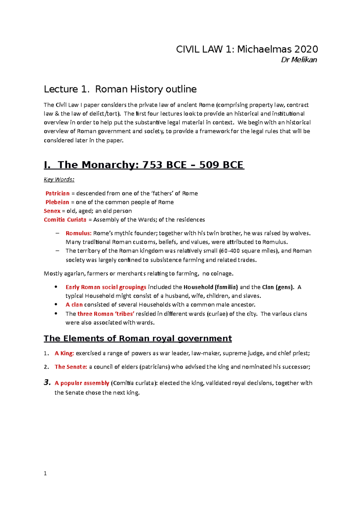 L1Melikan - Roman History HO - CIVIL LAW 1: Michaelmas 2020 ####### Dr ...