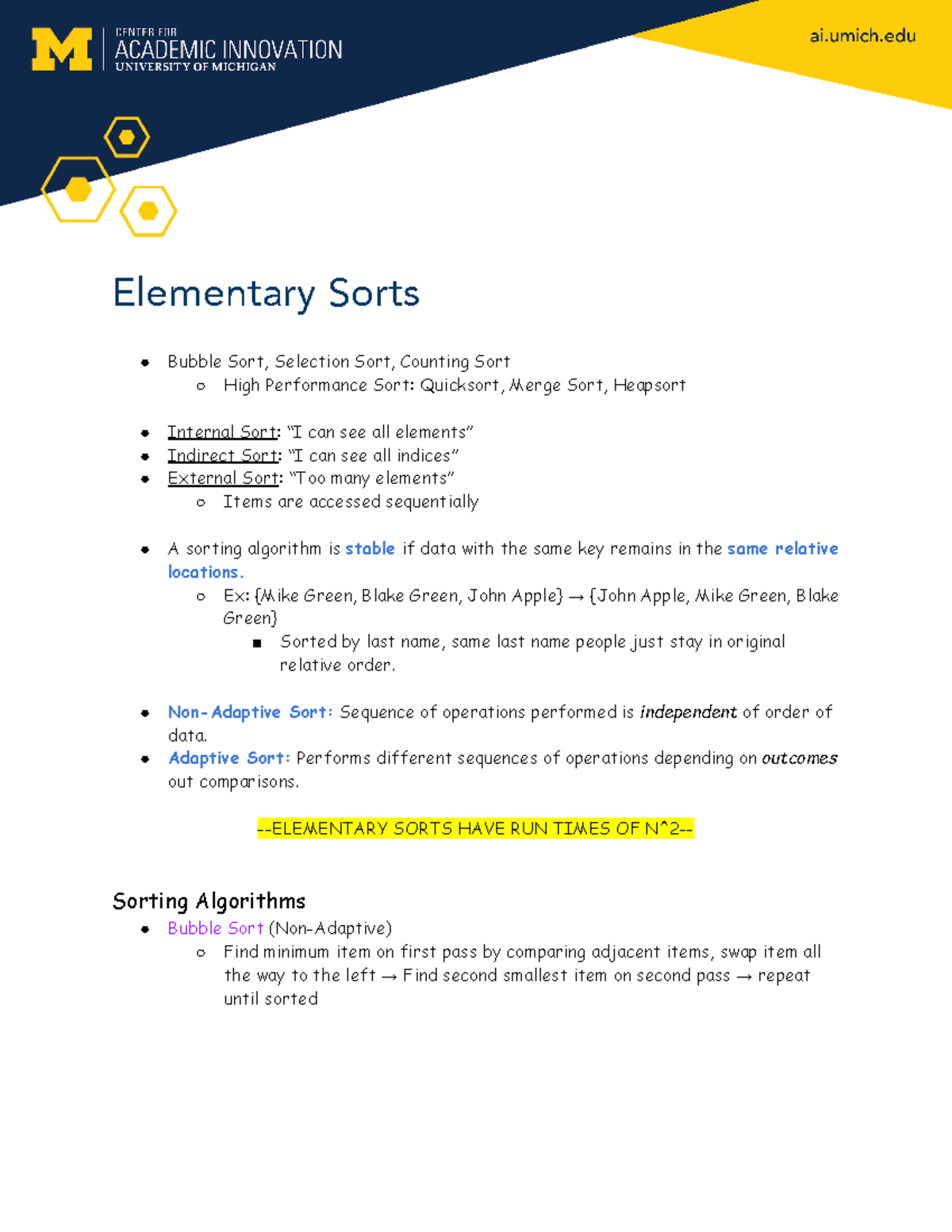 Lecture 10 - Sorts (Basic) - Elementary Sorts Bubble Sort, Selection ...