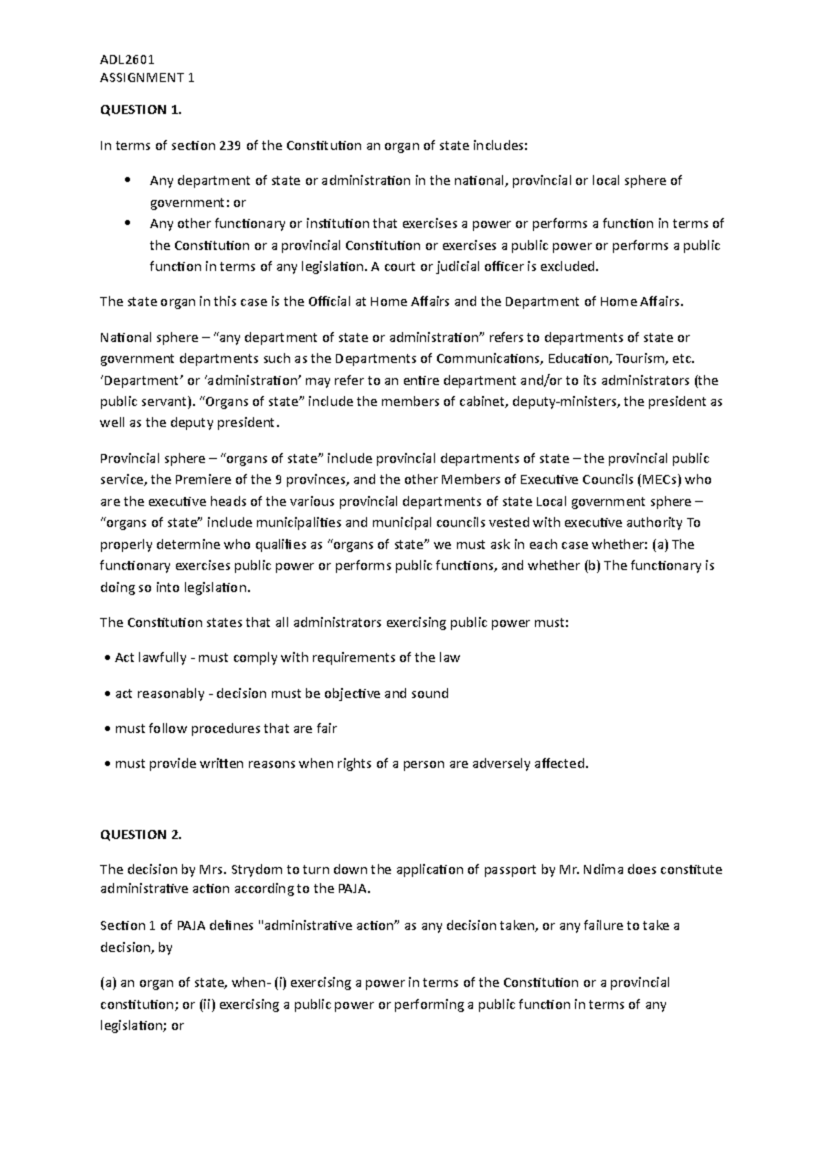 ADL 2601 Assignment NO 1 - ASSIGNMENT 1 QUESTION 1. In terms of section ...