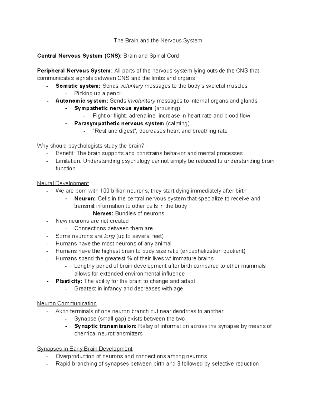 PSY 2301 Chapter 3 Notes - The Brain and the Nervous System - The Brain ...