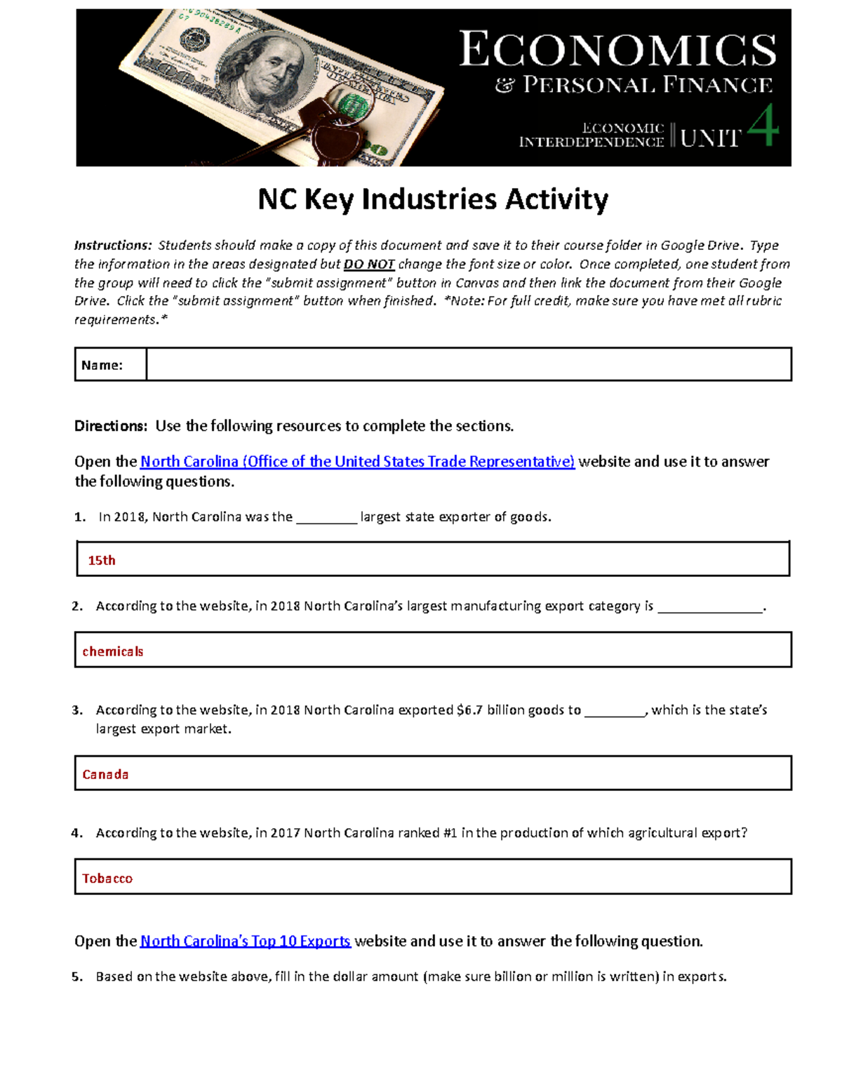 NC Key Industries Activity - NC Key Industries Activity Instructions ...