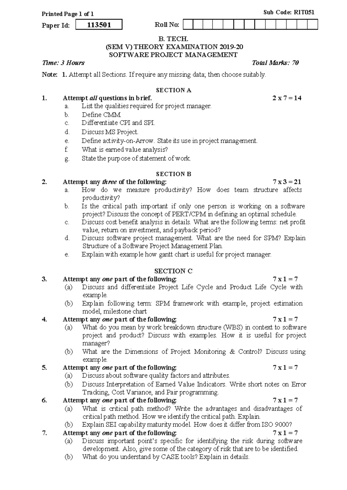 Software Project Management RIT 051 - Printed Page 1 of 1 Sub Code: RIT ...