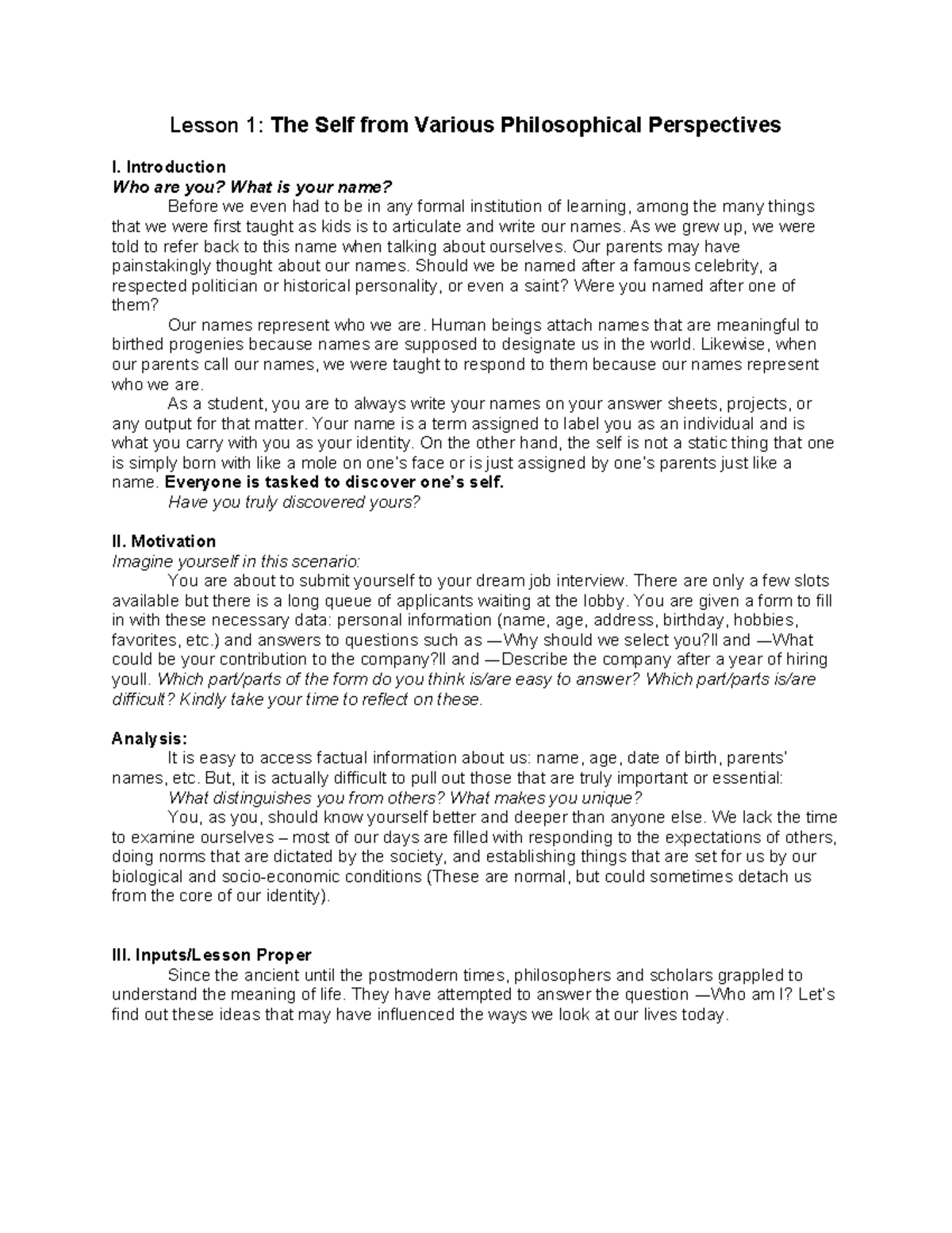 Lesson 1 The Self from Various Philosophical Perspectivesdocx - Lesson ...