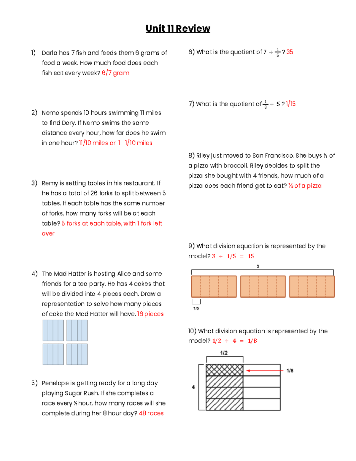 Answer Key - Unit 11 Review - Unit 11 Review 1) Darla has 7 fish and ...