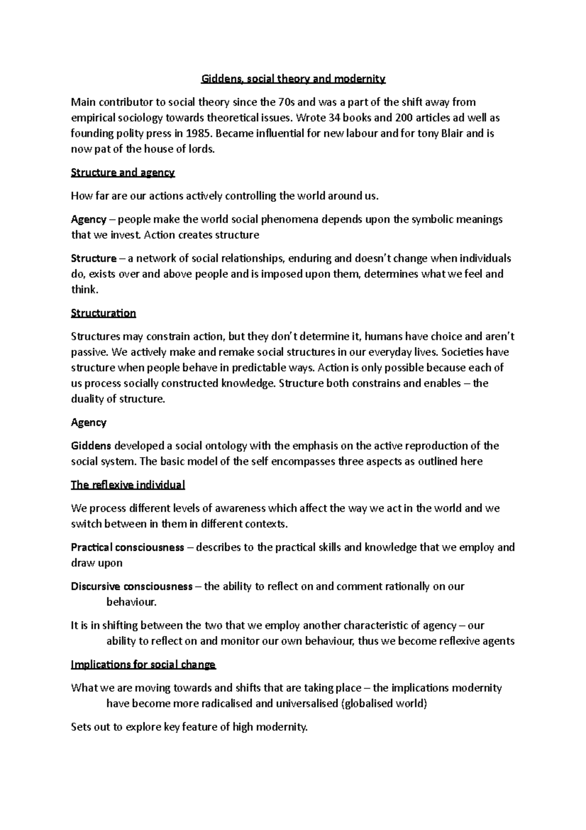 Giddens, the self and modernity - Giddens, social theory and modernity ...